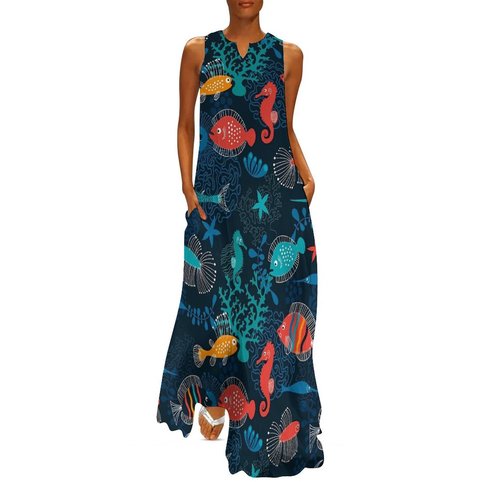 Sea Fish Dolphin Waves Dress Red White Ocean Vintage Maxi Dress ...