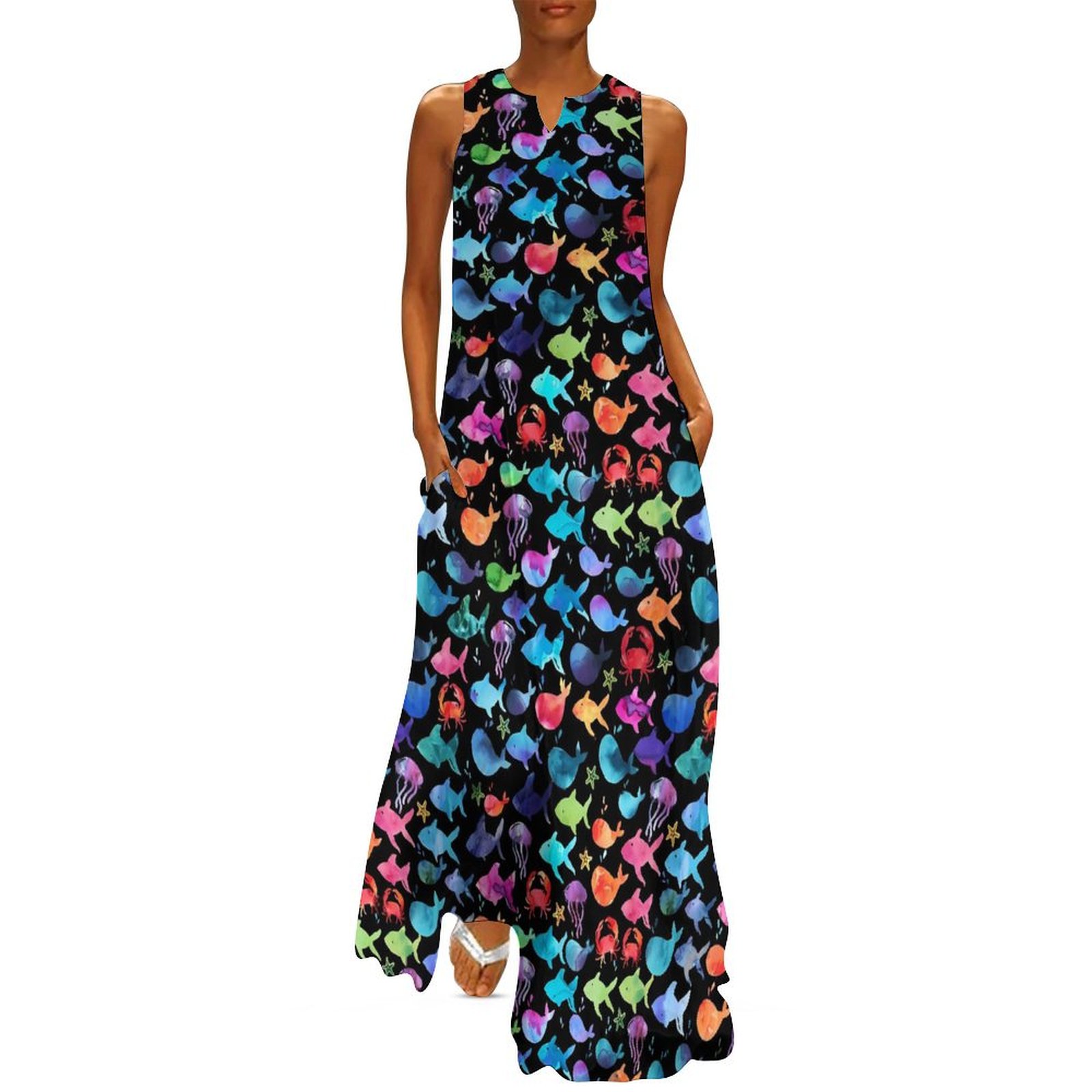 Sea Fish Dolphin Waves Dress Red White Ocean Vintage Maxi Dress ...