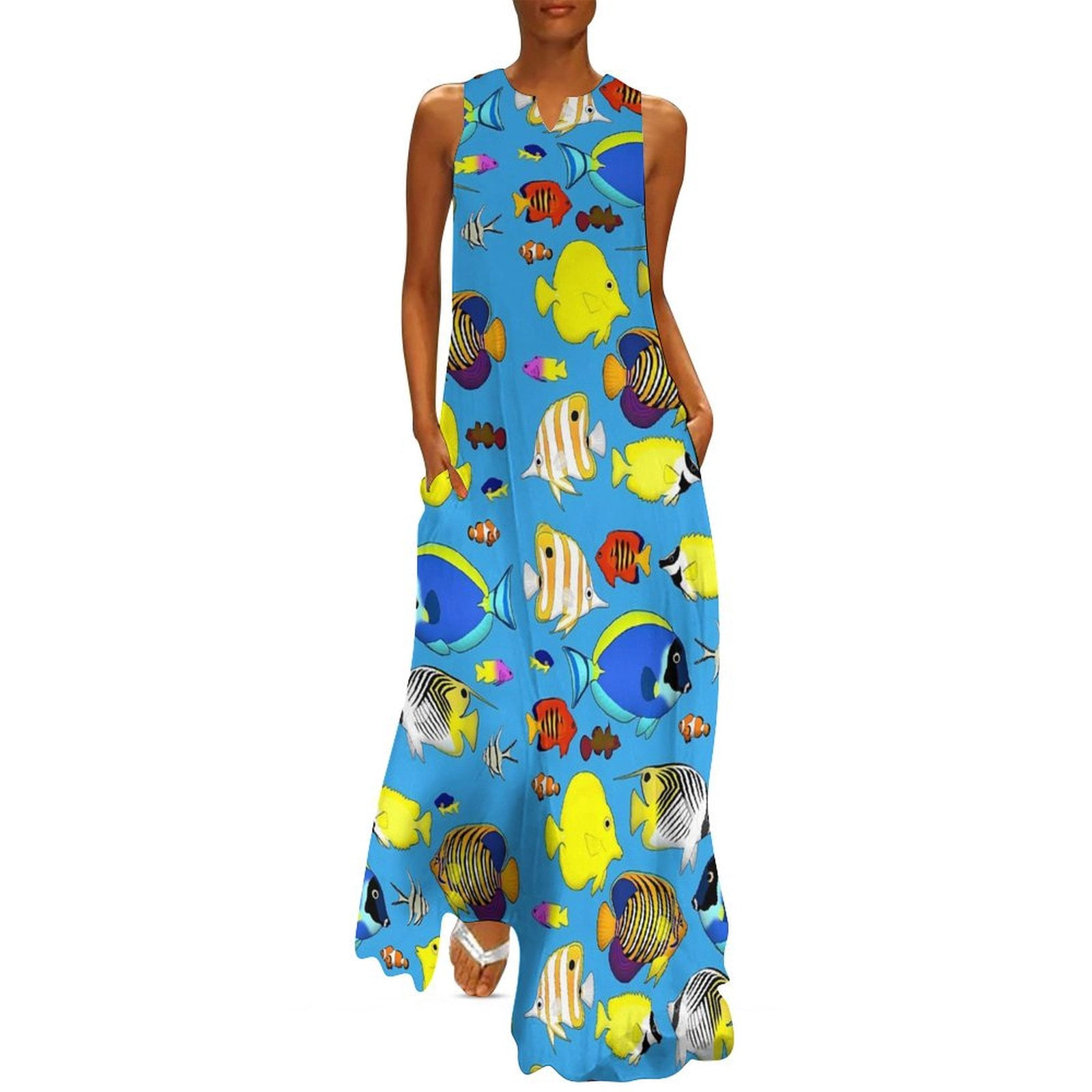 Sea Fish Dolphin Waves Dress Red White Ocean Vintage Maxi Dress ...