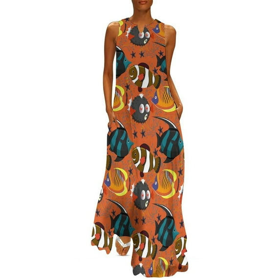 Sea Fish Dolphin Waves Dress Red White Ocean Vintage Maxi Dress ...