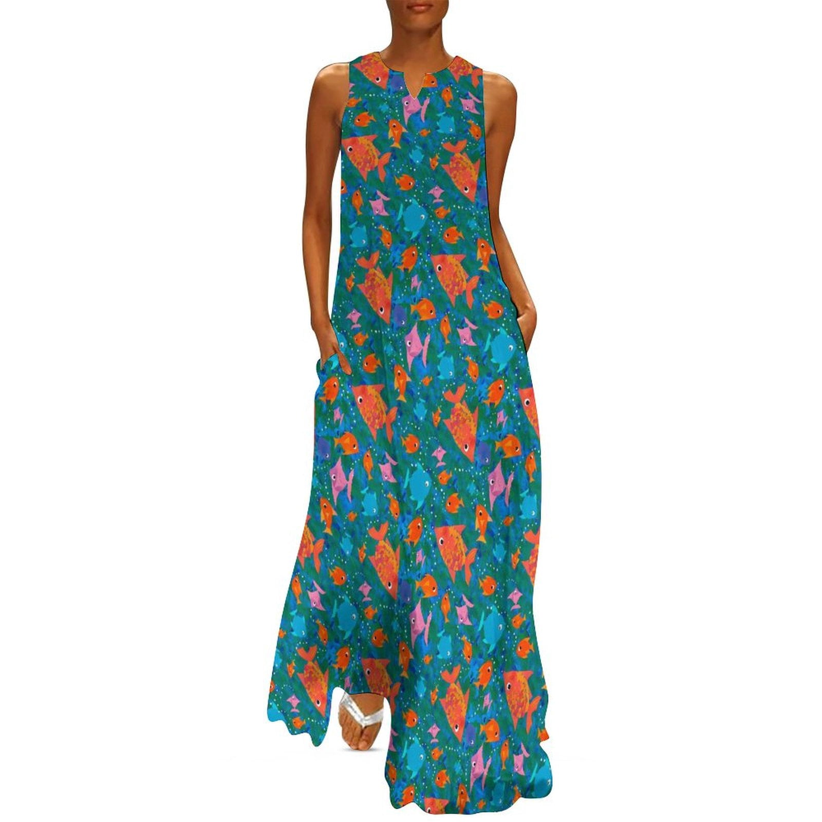 Sea Fish Dolphin Waves Dress Red White Ocean Vintage Maxi Dress ...