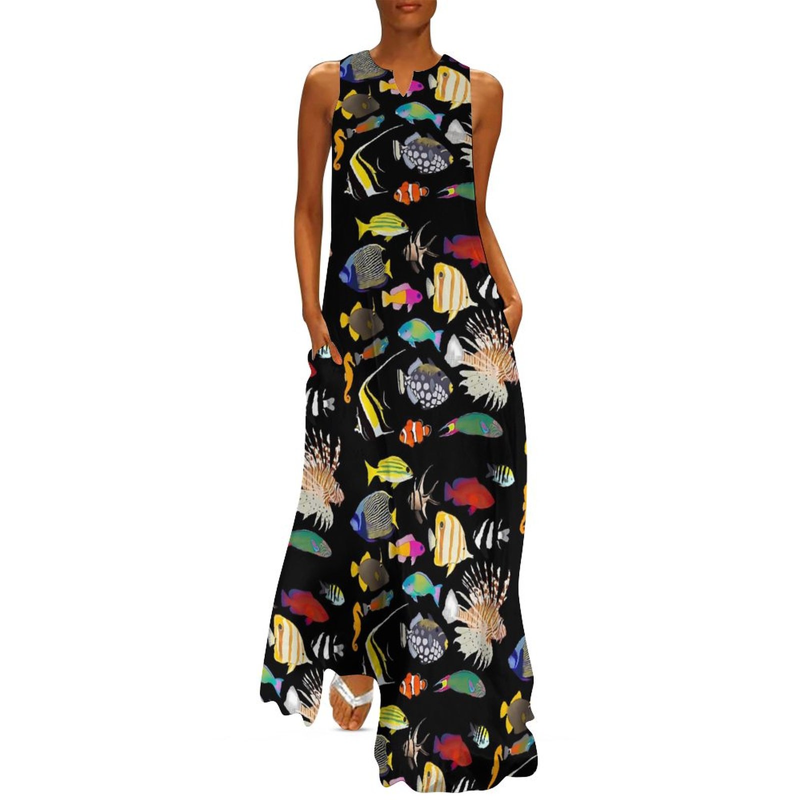 Sea Fish Dolphin Waves Dress Red White Ocean Vintage Maxi Dress ...