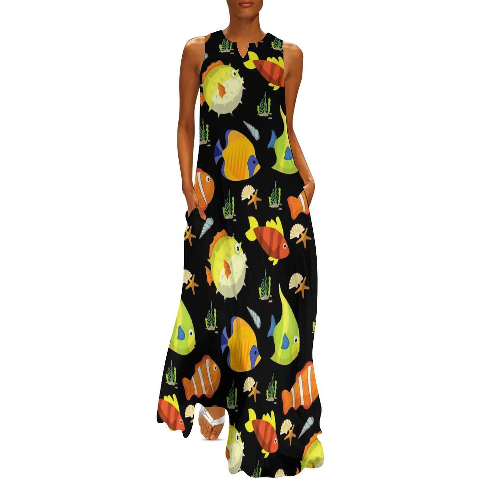 Sea Fish Dolphin Waves Dress Red White Ocean Vintage Maxi Dress ...
