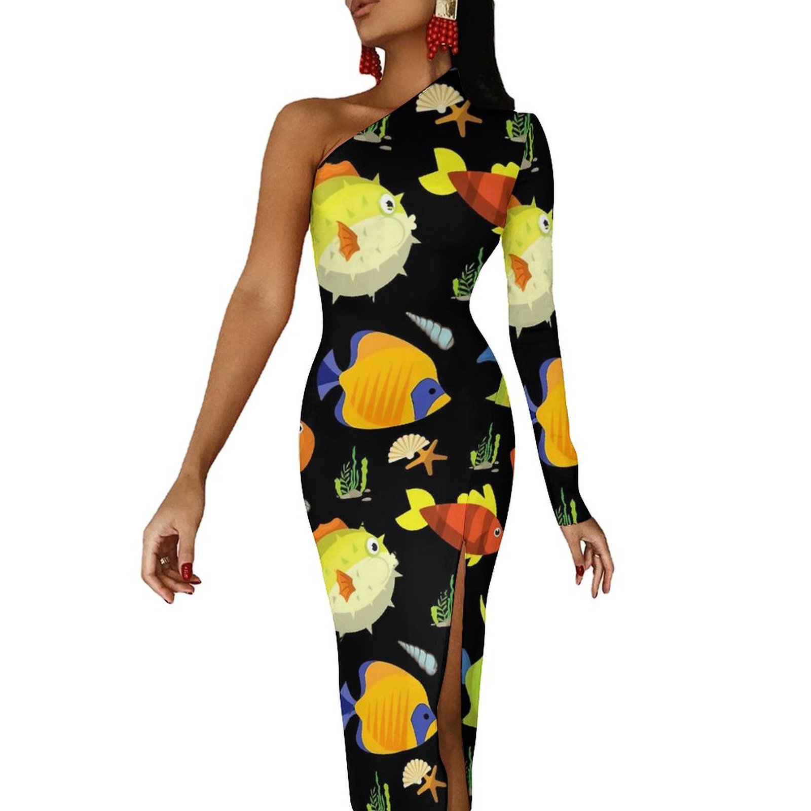 Sea Fish Print Bodycon Dress Summer Ocean in Yellow Retro High Slit ...
