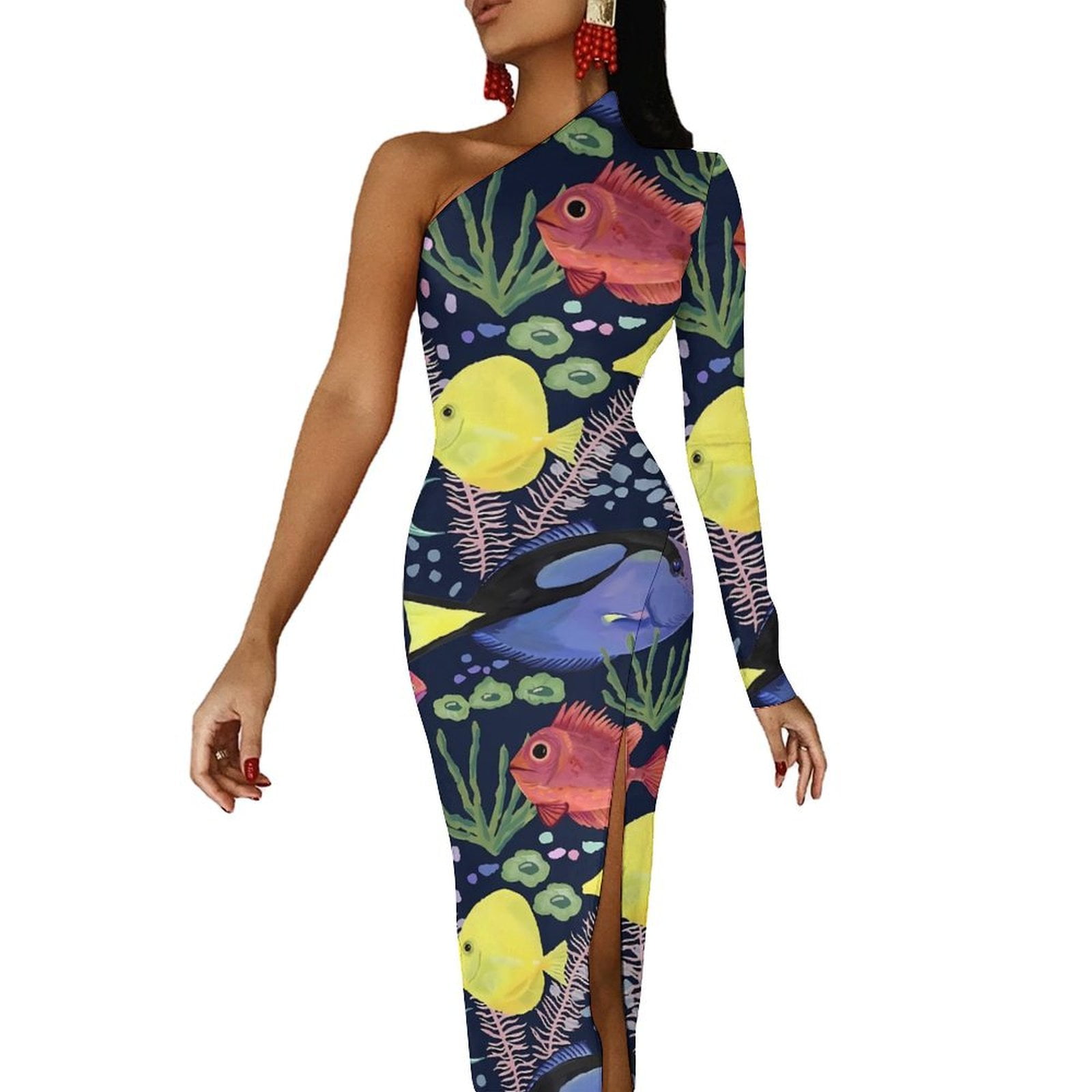 Sea Fish Print Bodycon Dress Summer Ocean in Yellow Retro High Slit ...