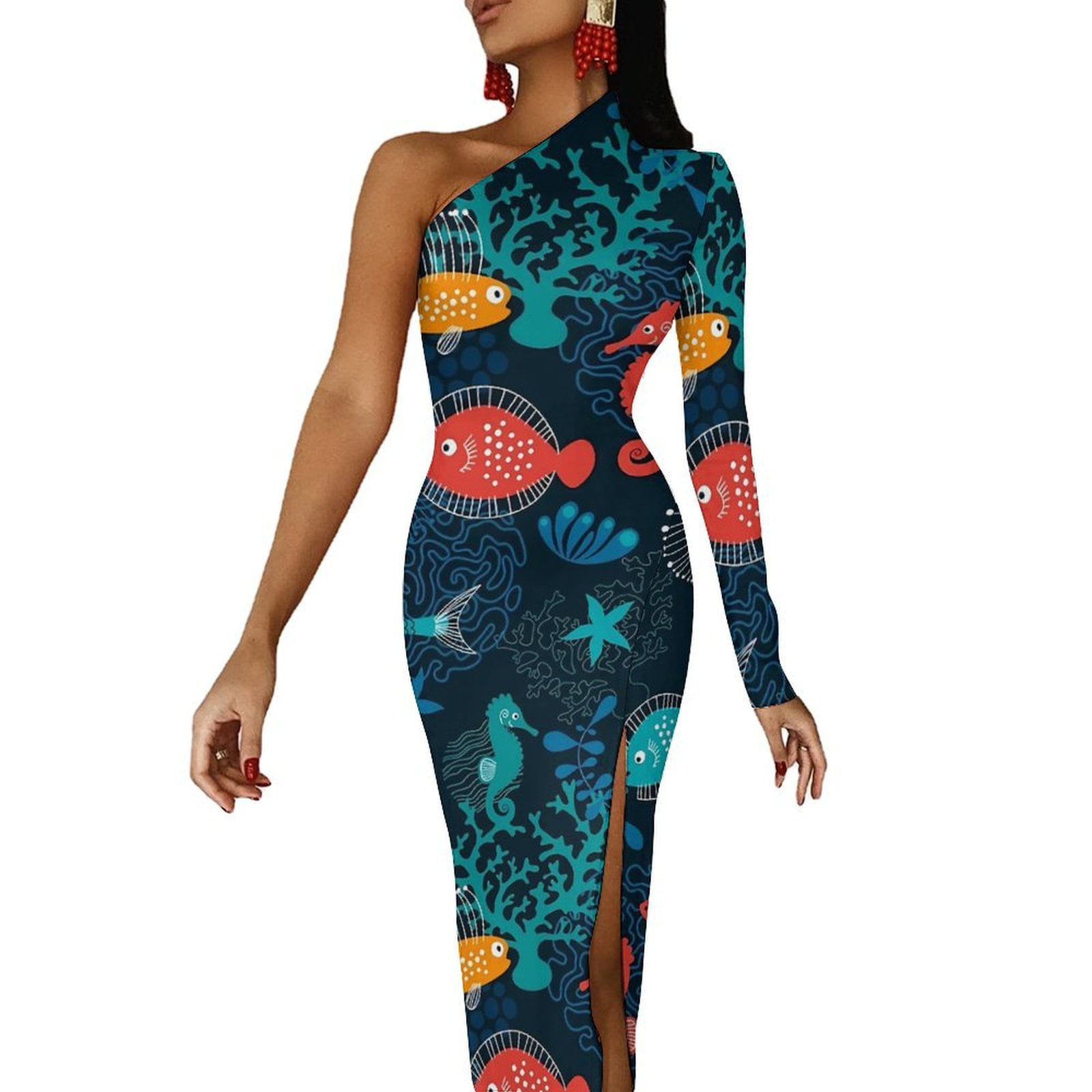 Sea Fish Print Bodycon Dress Summer Ocean in Yellow Retro High Slit ...