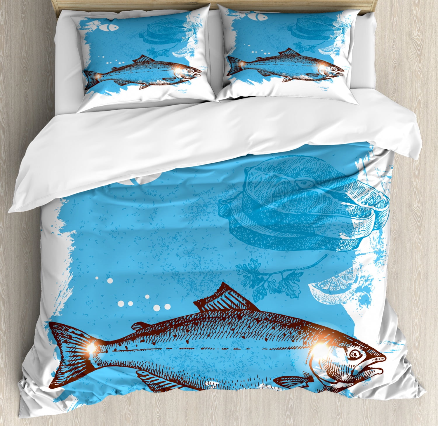 Sea Food Duvet Cover Set Queen Size, Hand Drawn Sketch with Fish and ...