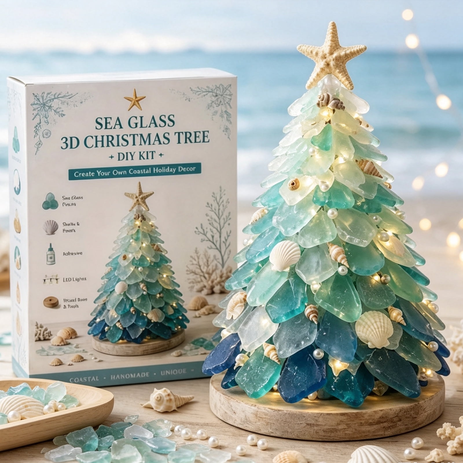 Sea Glass Art Kits Xmas Tree with Shells & Pearls, Diy Mosaic Art for ...