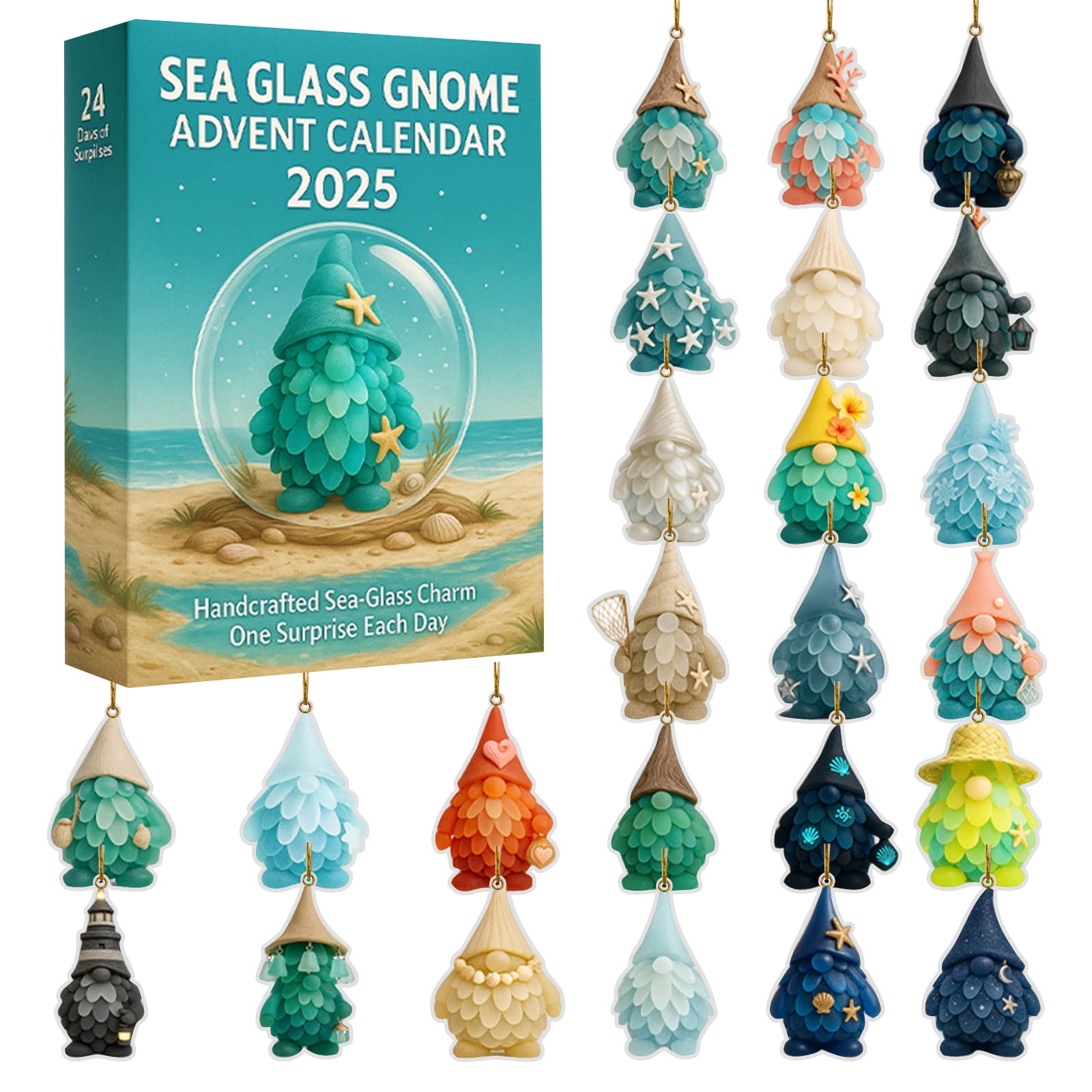 Sea Glass Gnome Christmas Advent Calendar -24 Day Advent Calendar for 2026 Acrylic Hanging Decor ...
