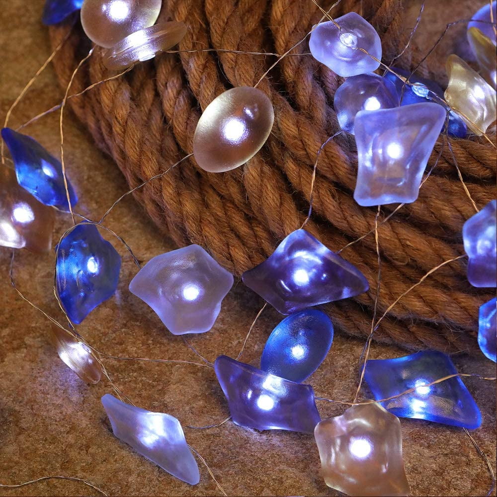 Sea Glass String Lights, Beach Theme Decorative Lights 19 Ft 40 LED USB Plug-in with Remote and ...