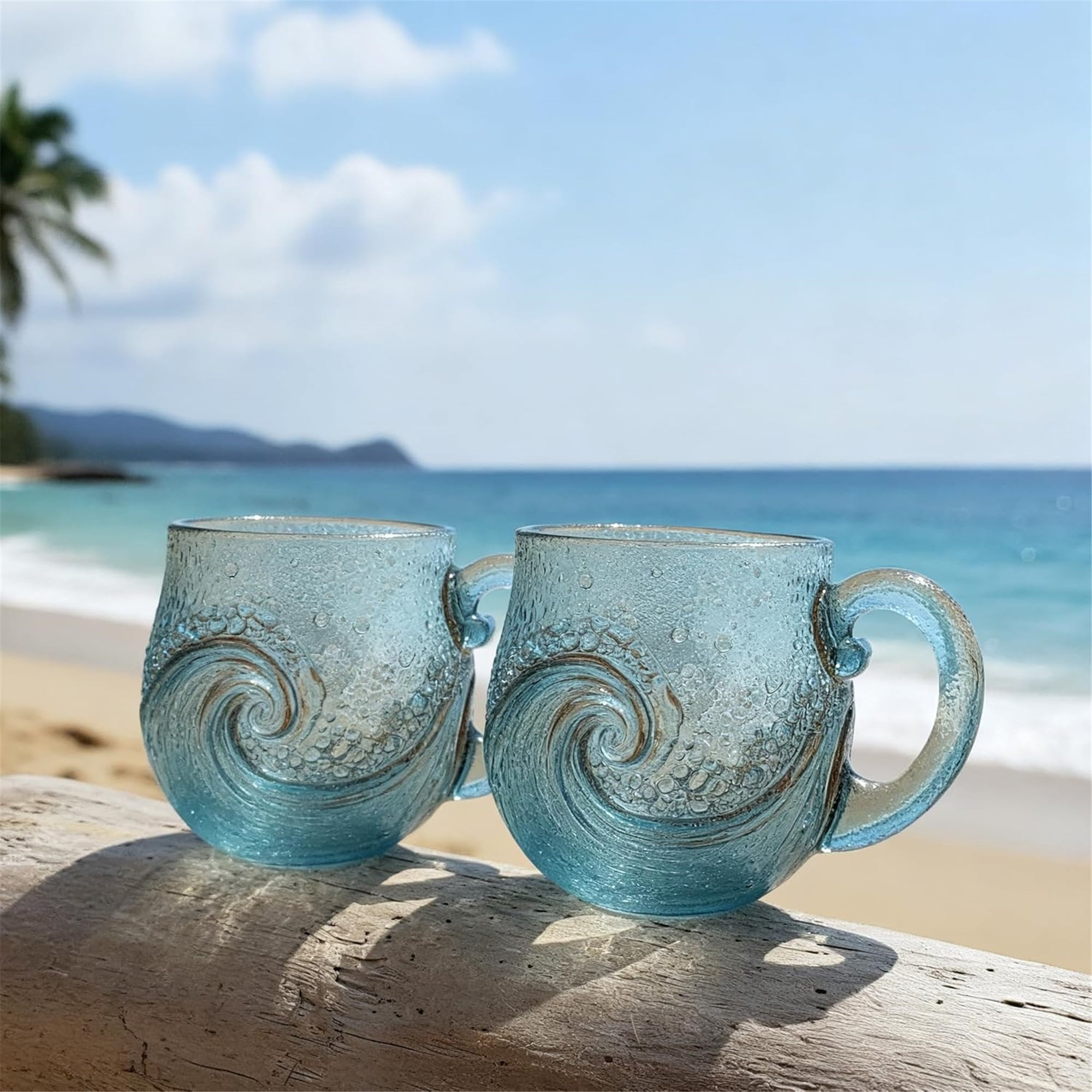 Sea Glass Wave Mug, 12 oz Handblown Ocean Wave Glass Mug Cup, Textured ...