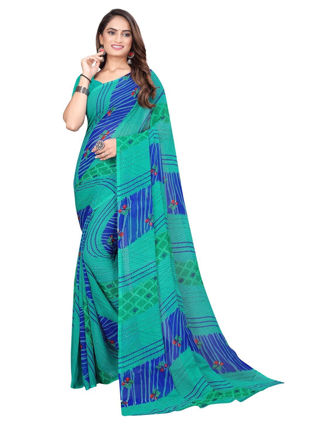 Sea Green & Blue Floral Pure Georgette Bandhani Saree - 20244226 ...