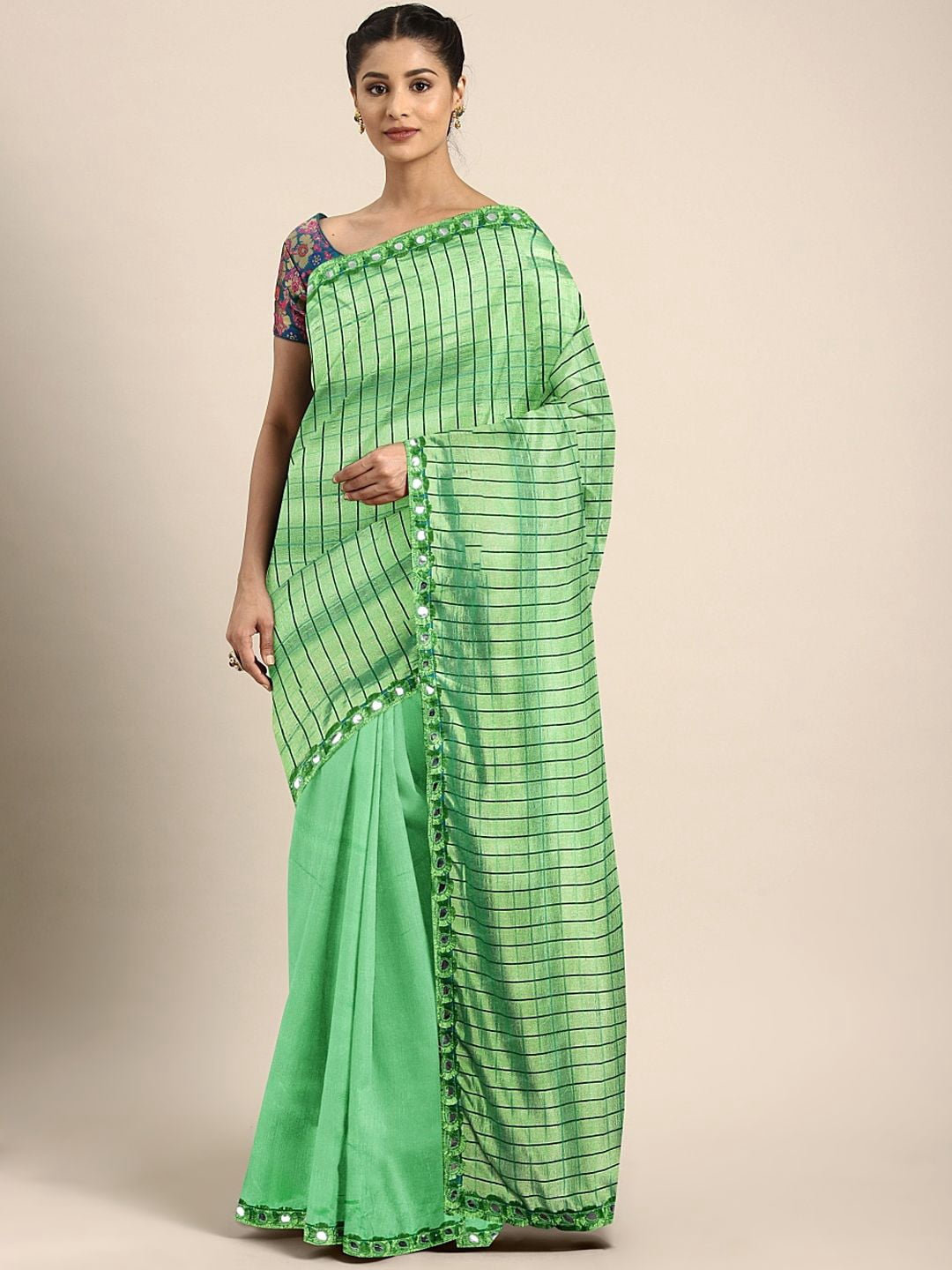 Sea Green Silk Blend Checked Mysore Silk Half & Half Saree - 12924748 ...