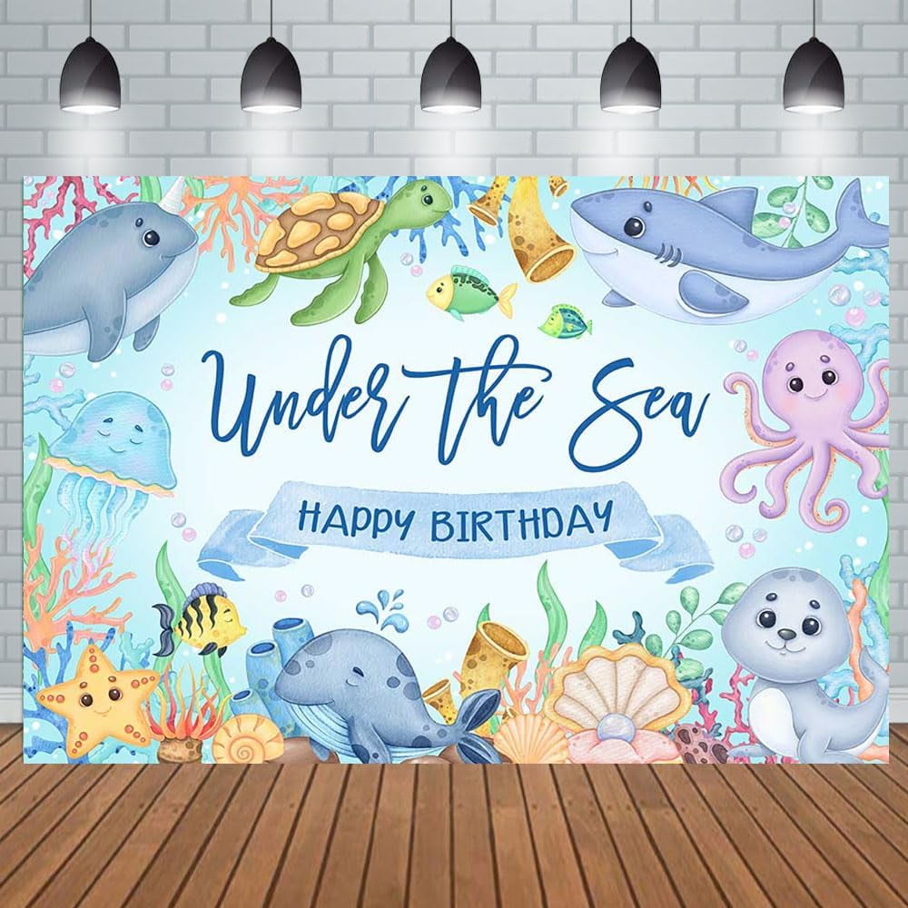 Under The Sea Happy Birthday Backdrop 1st 2nd 3st Blue Ocean Cartoon ...
