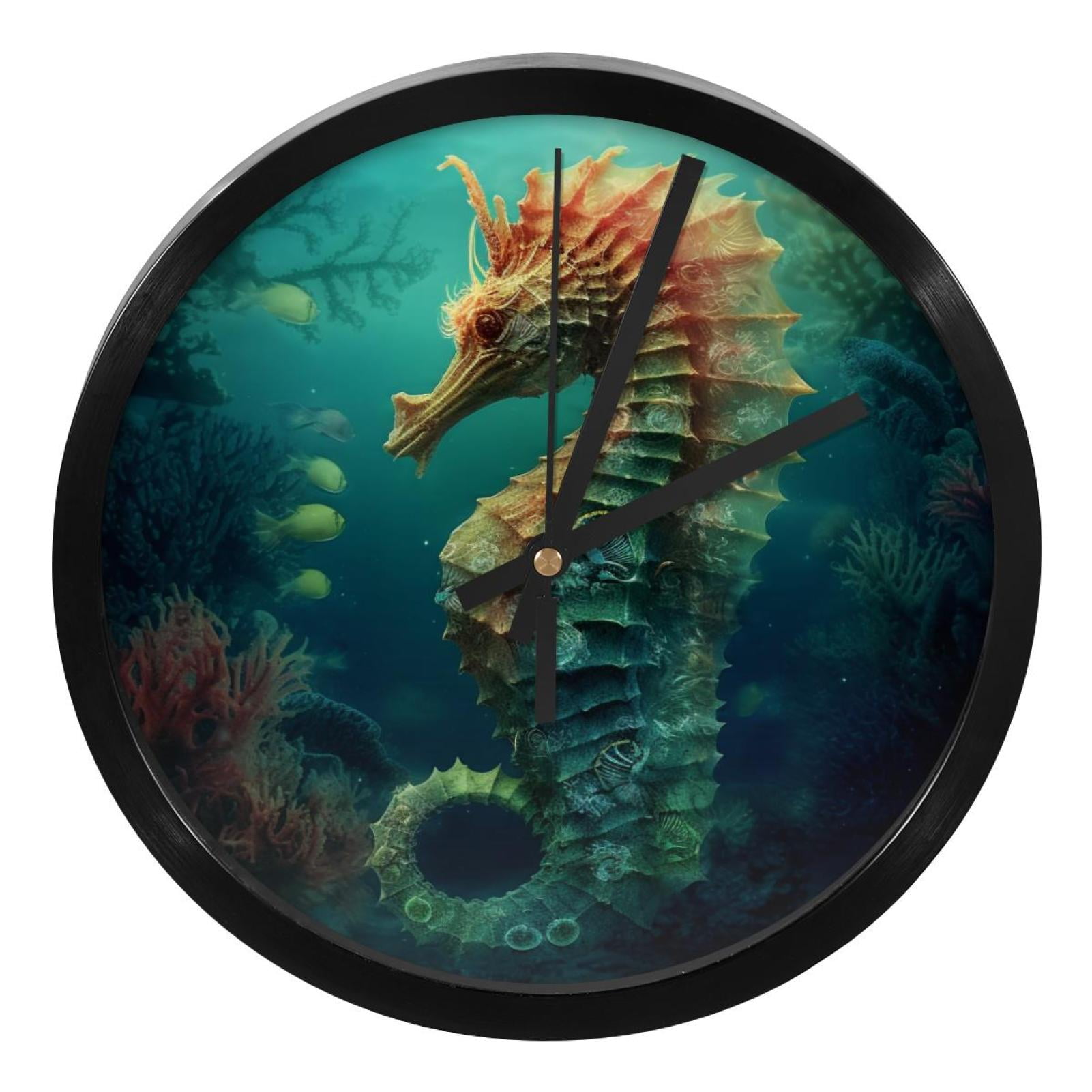 Sea Horse 9.8-Inch Round Wall Clock, Silent Non-Ticking Digital Clock ...