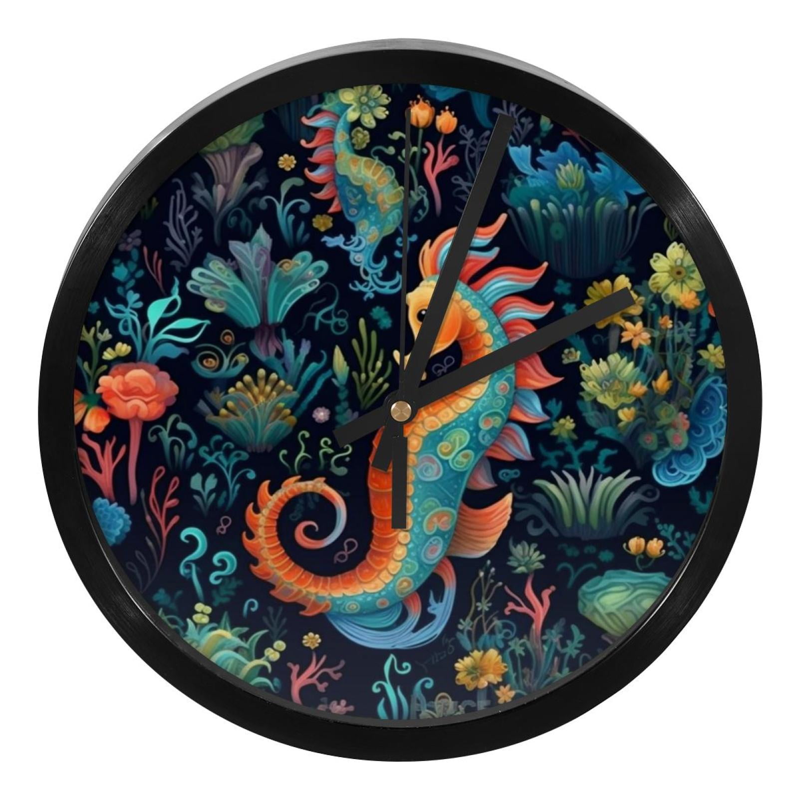Sea Horse 9.8-Inch Round Wall Clock, Silent Non-Ticking Digital Clock ...