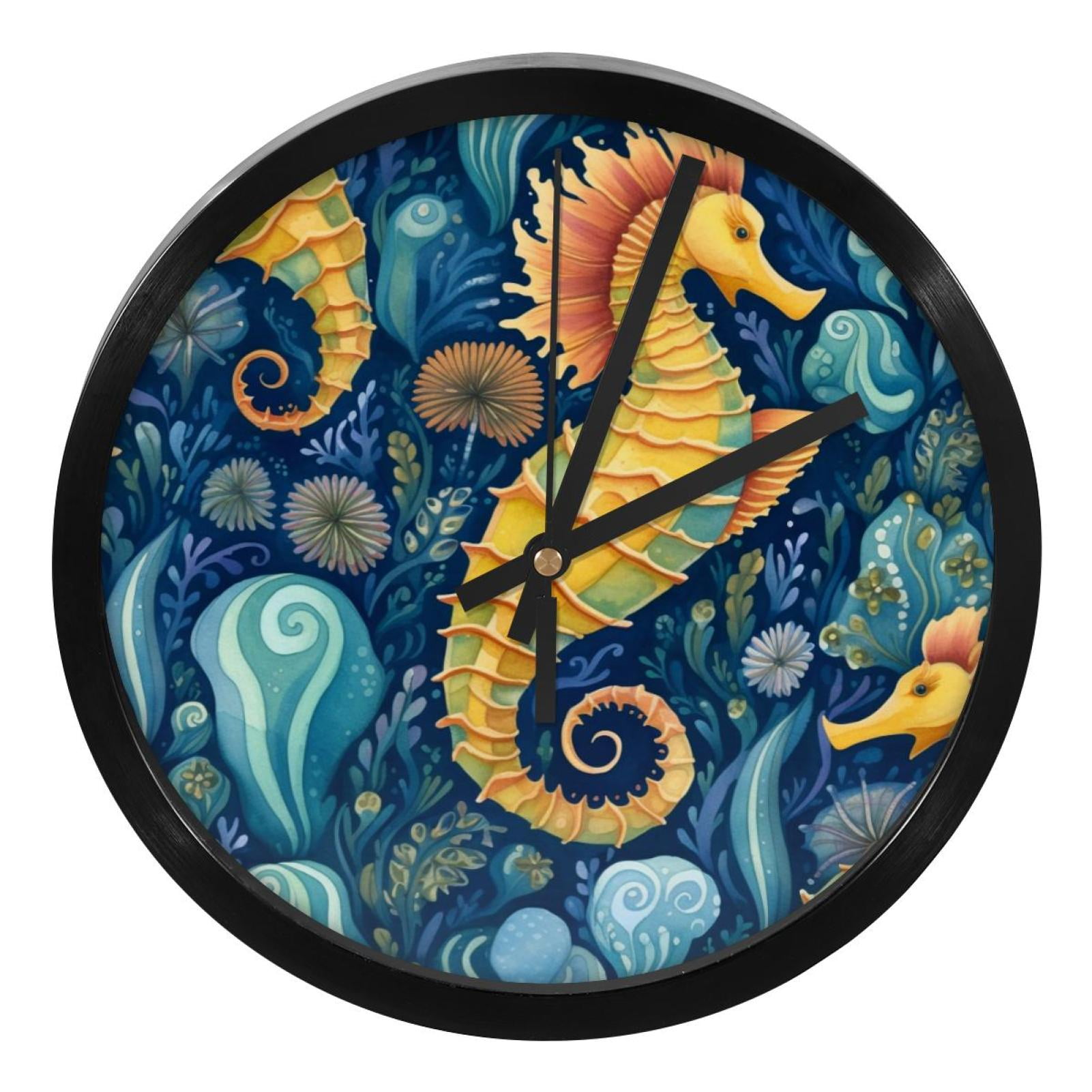 Sea Horse 9.8 Inches Silent Wall Clock, Round Digital Battery Operated ...