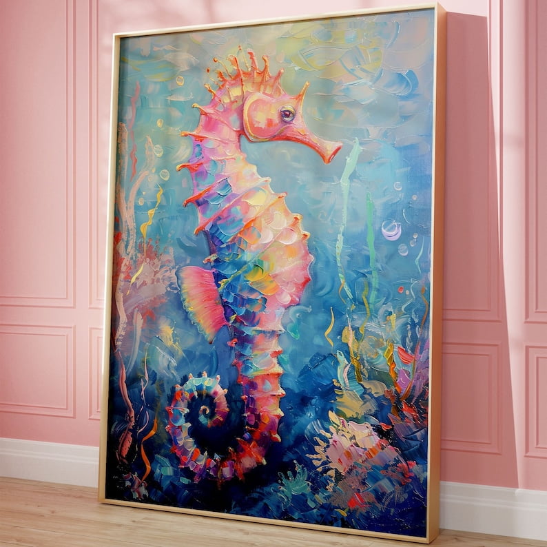 Sea Horse Painting Physical Print (Unframed), Nautical Art, Beachy Wall ...