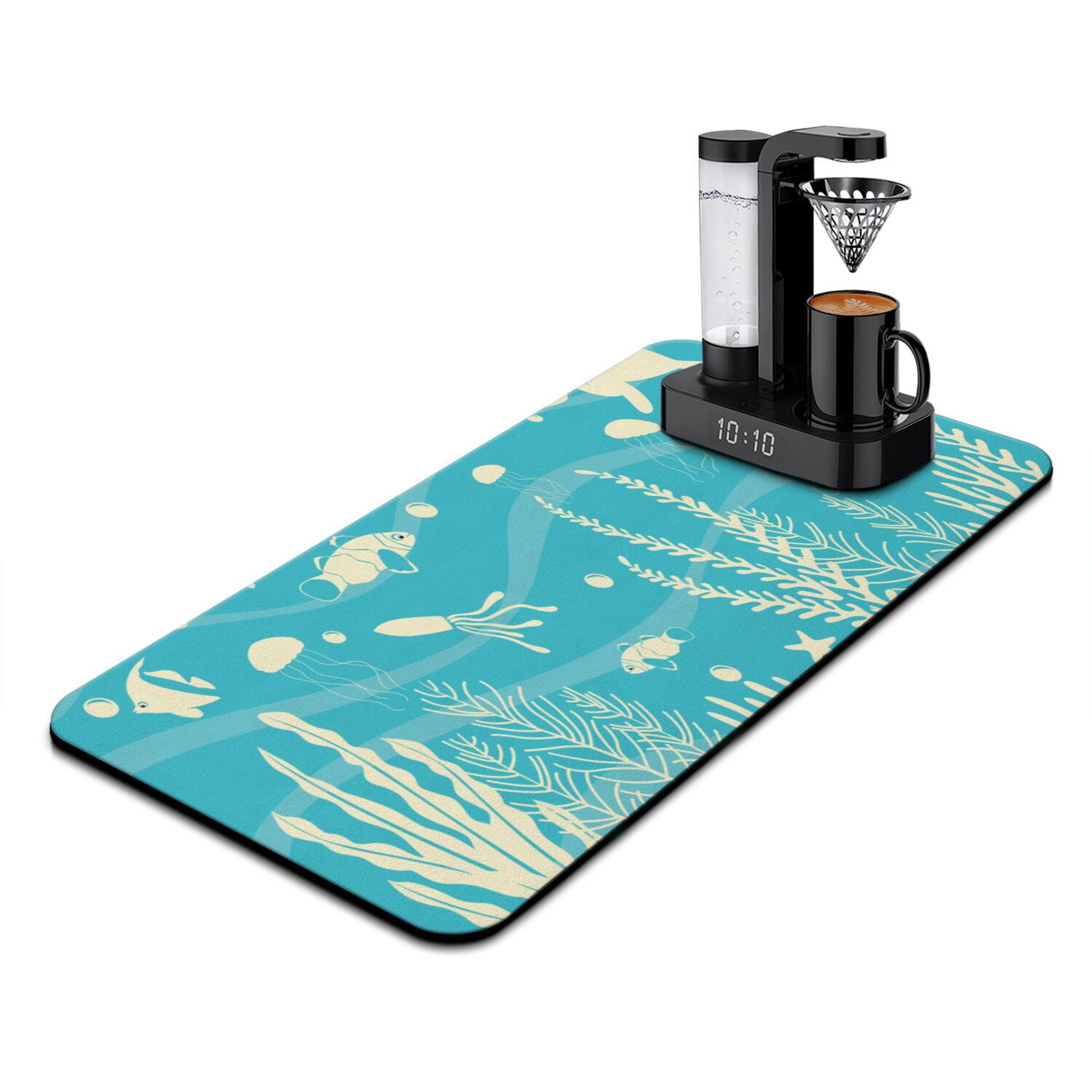 Sea Inspired Coffee Bar Mat - Coastal Fish & Tropical Conch Shell Pattern, Quick Water ...