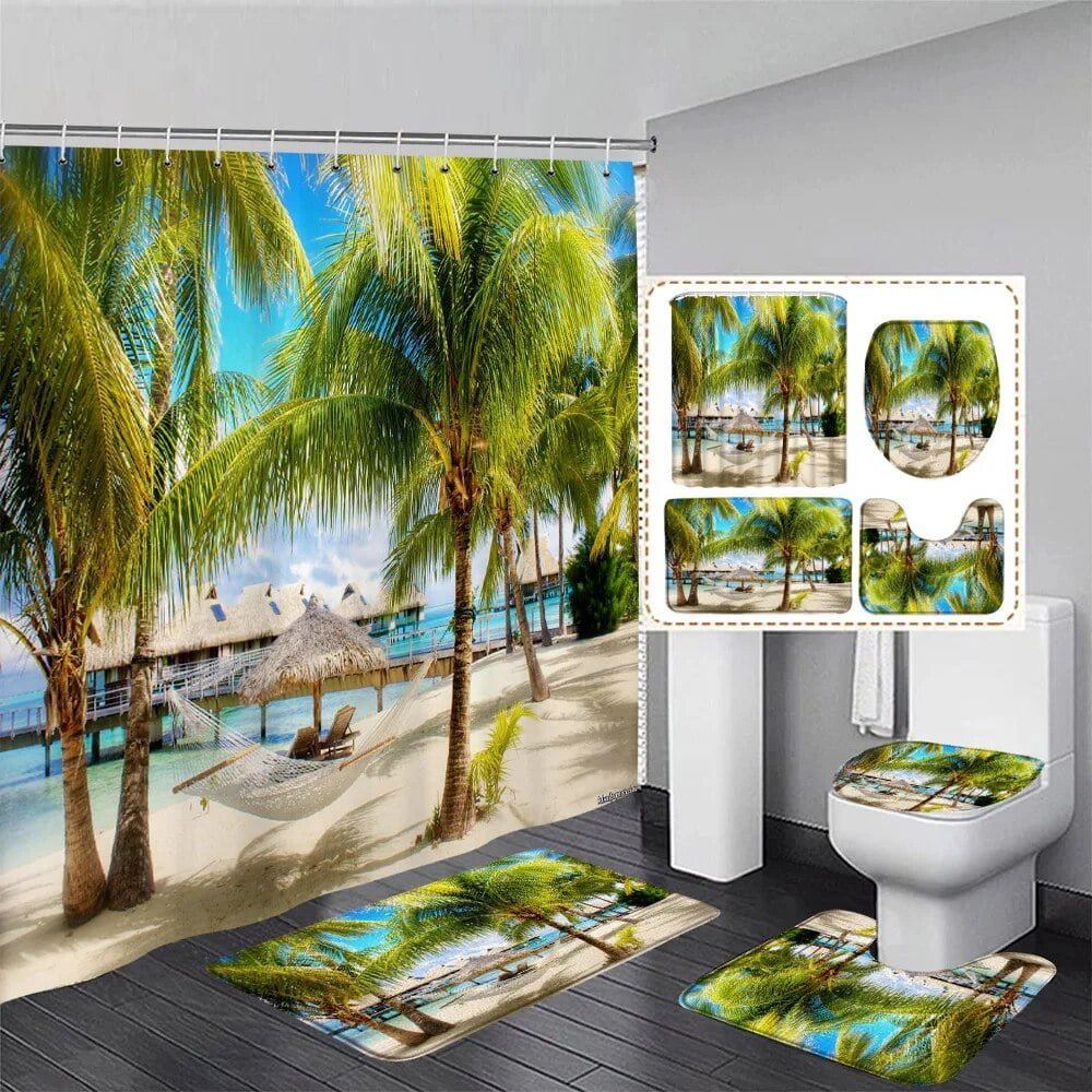 Sea Island Coconut Tree Landscape Shower Curtain Set Hawaiian Ocean ...