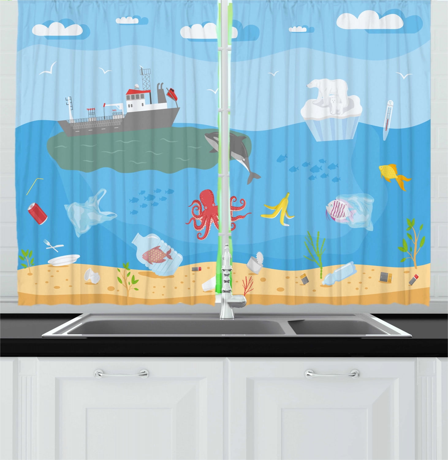 Sea Life Curtains 2 Panels Set, Save the Ocean Concept Clean the ...