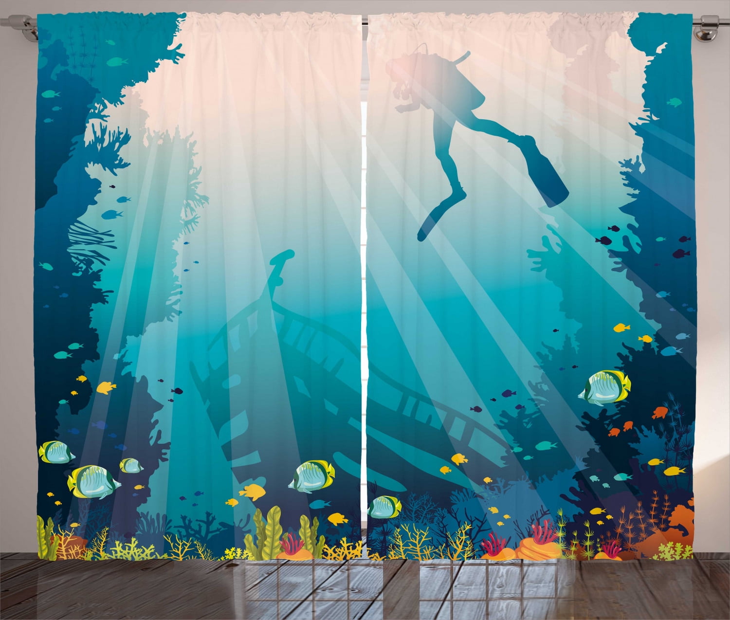 Ambesonne Sea Life Curtains 2 Panel Set, Underwater Elements Diver, 108 ...