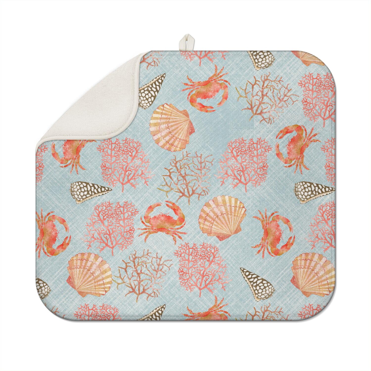 Sea Life Dish Drying Mat - Cute Cartoon Crab Watercolor Print, Thick ...