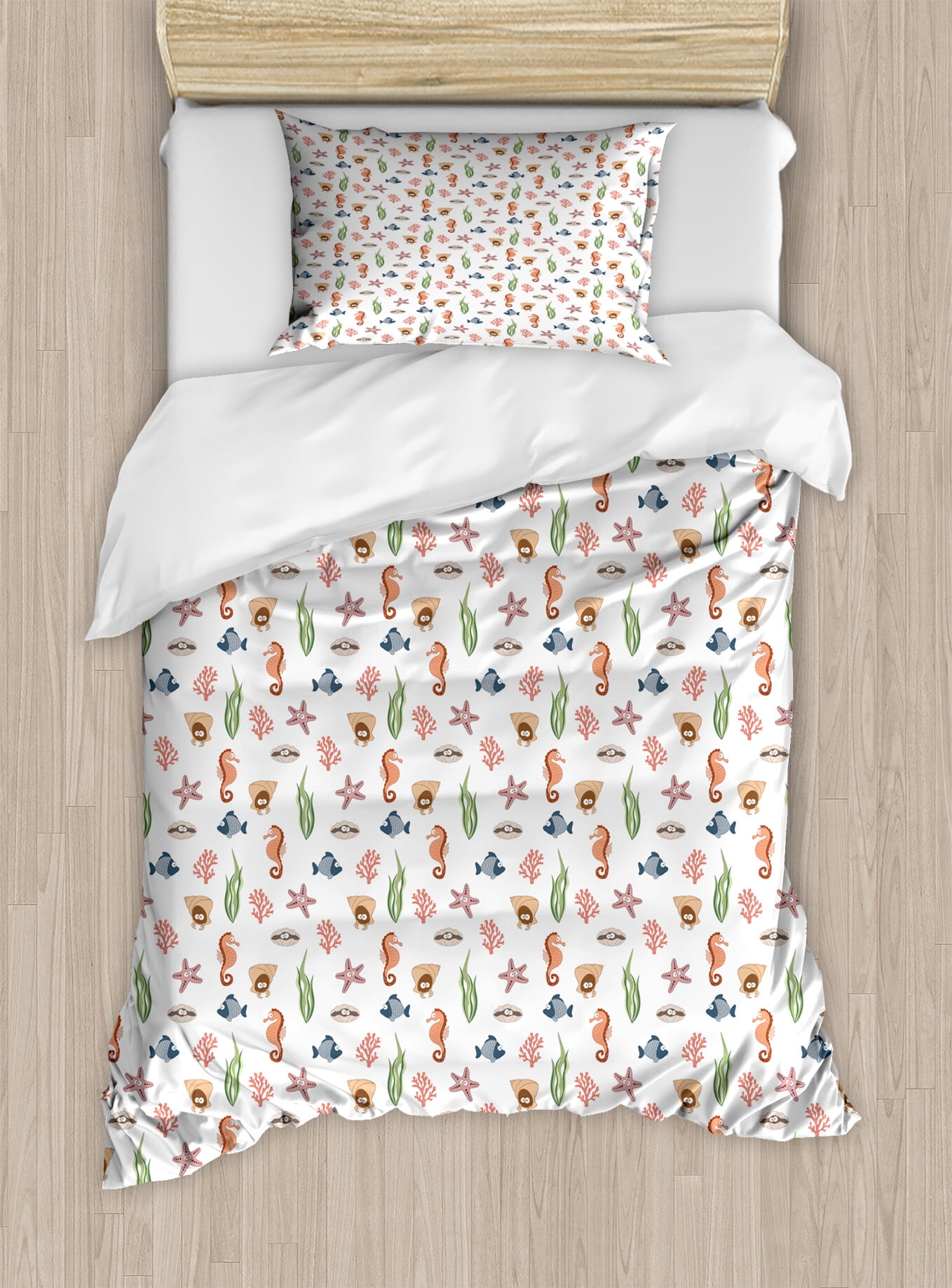 Sea Life Duvet Cover Set, Colorful Various Sea Creatures and Plants ...