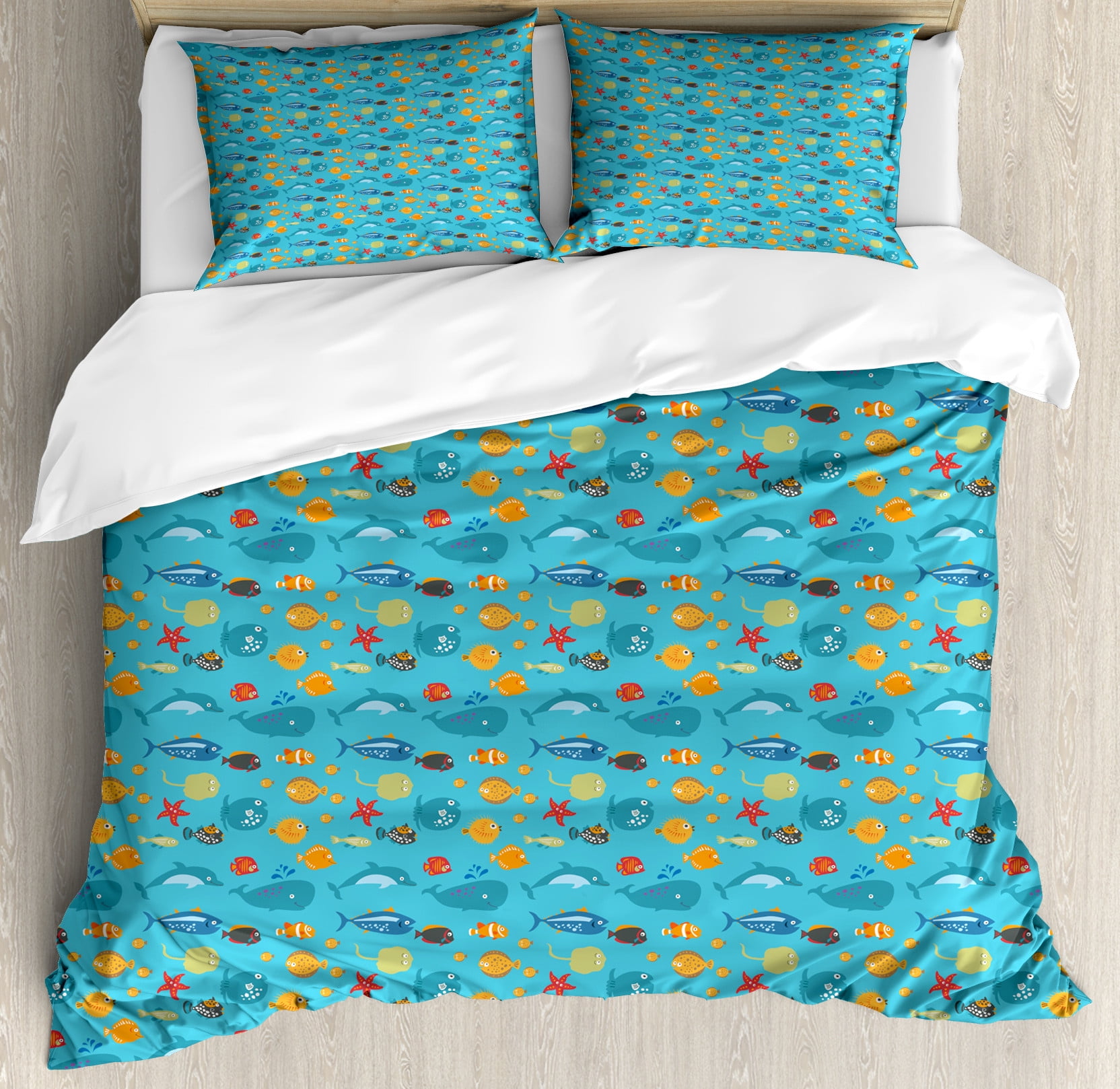 Sea Life Duvet Cover Set, Nautical Pattern of Cartoon Smiling Happy ...