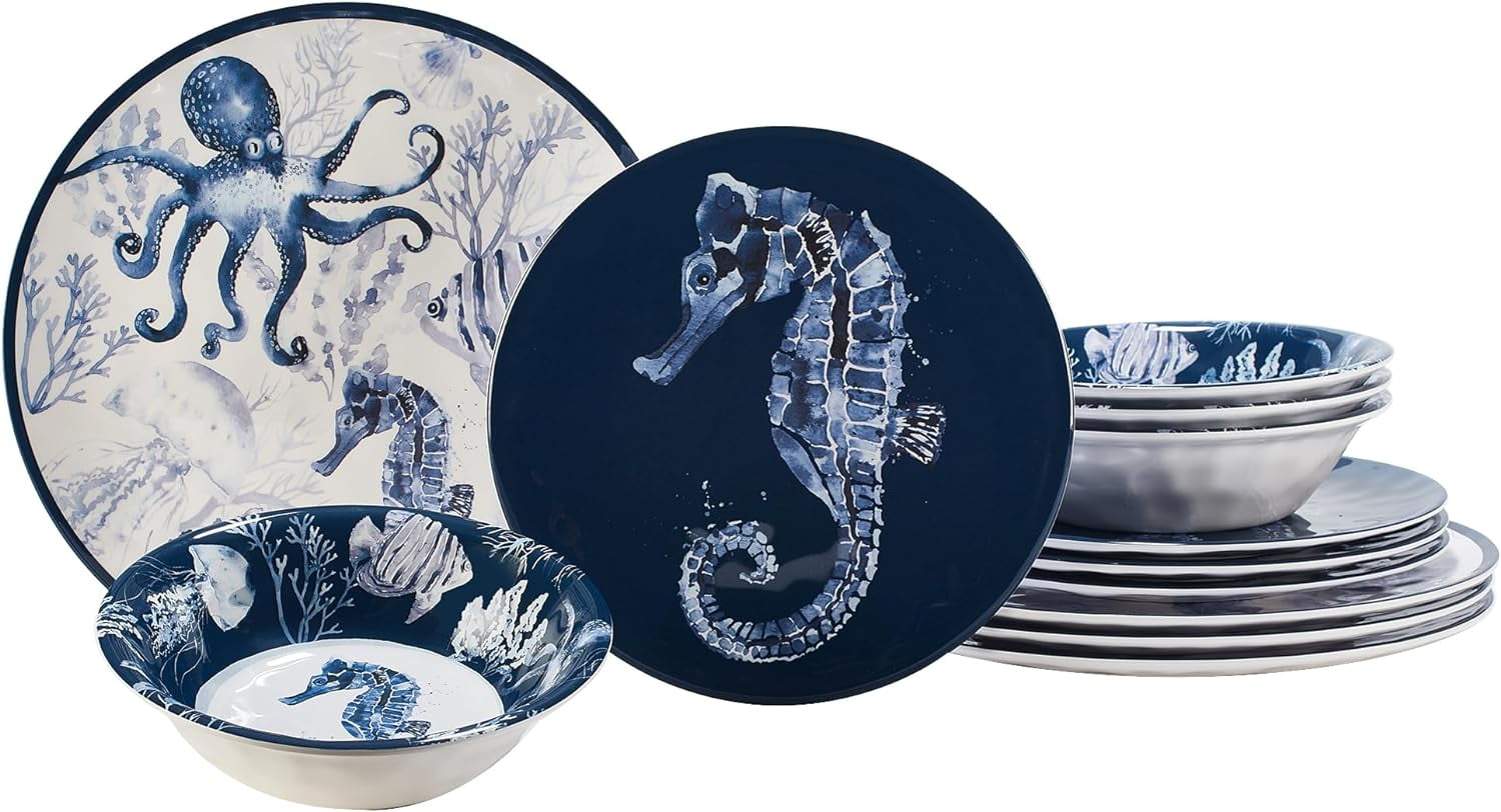 Sea Life Melamine 12 Piece Dinnerware Set – Service for 4 Coastal ...