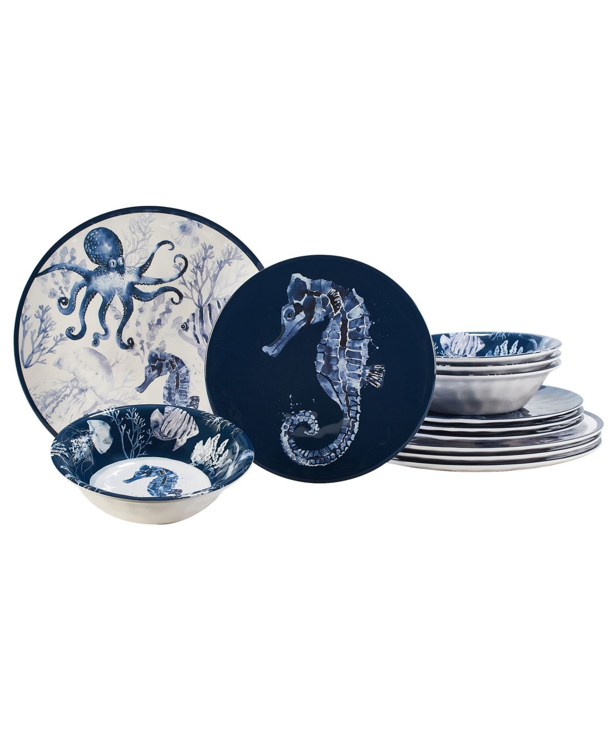 Sea Life Melamine 12-Piece Dinnerware Set, Service for 4 with Ocean ...