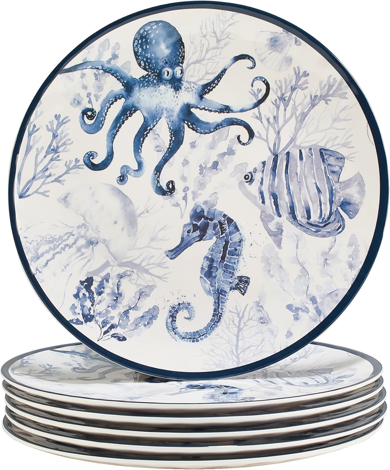 Sea Life Melamine Dinner Plates Set of 6 – 11" Reusable Coastal Ocean ...