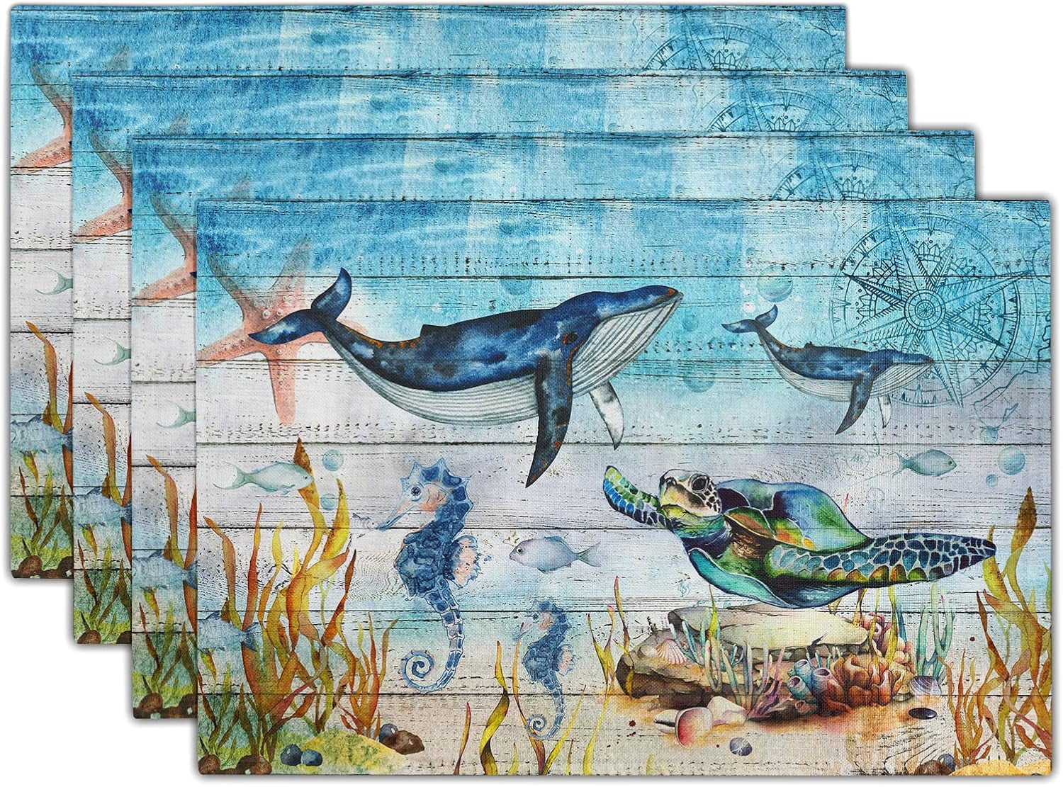 Sea Life Placemats Set of 4- Sea Turtle Seahorse Whale Ocean Animal ...