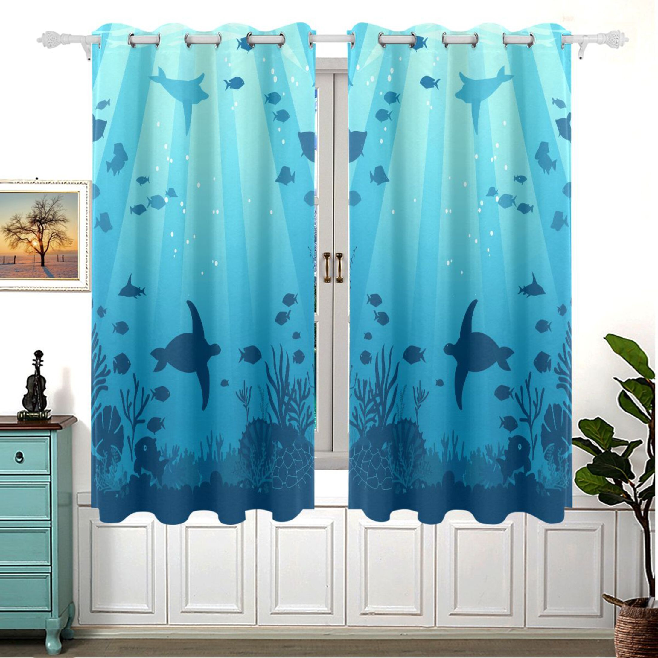 Sea Life Silhouettes Blackout Curtains 2 Panels Set Grommet Drapes for ...