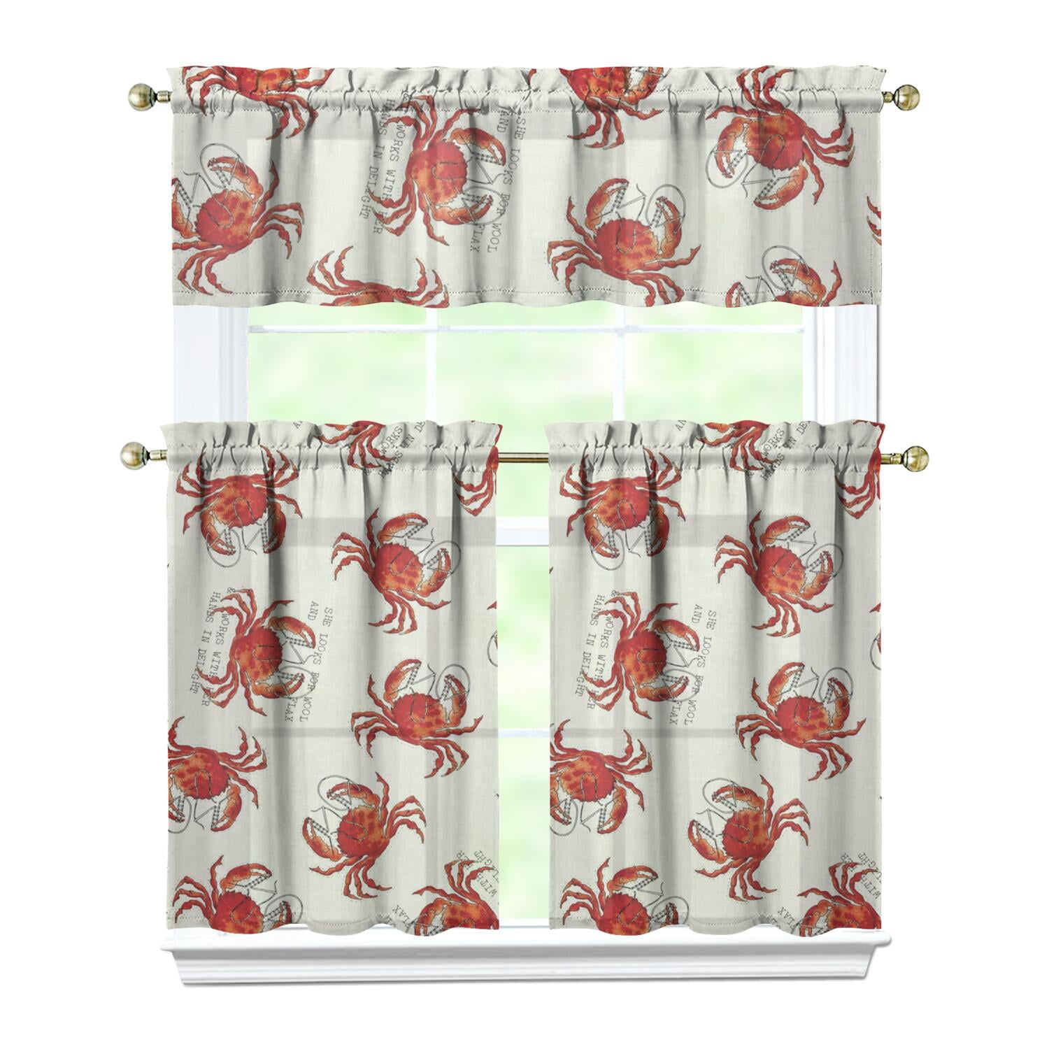 Sea Life Tier Curtains 3-PC Set - Vintage Tropical Crab Pattern, Semi-Sheer Caf Curtains for ...