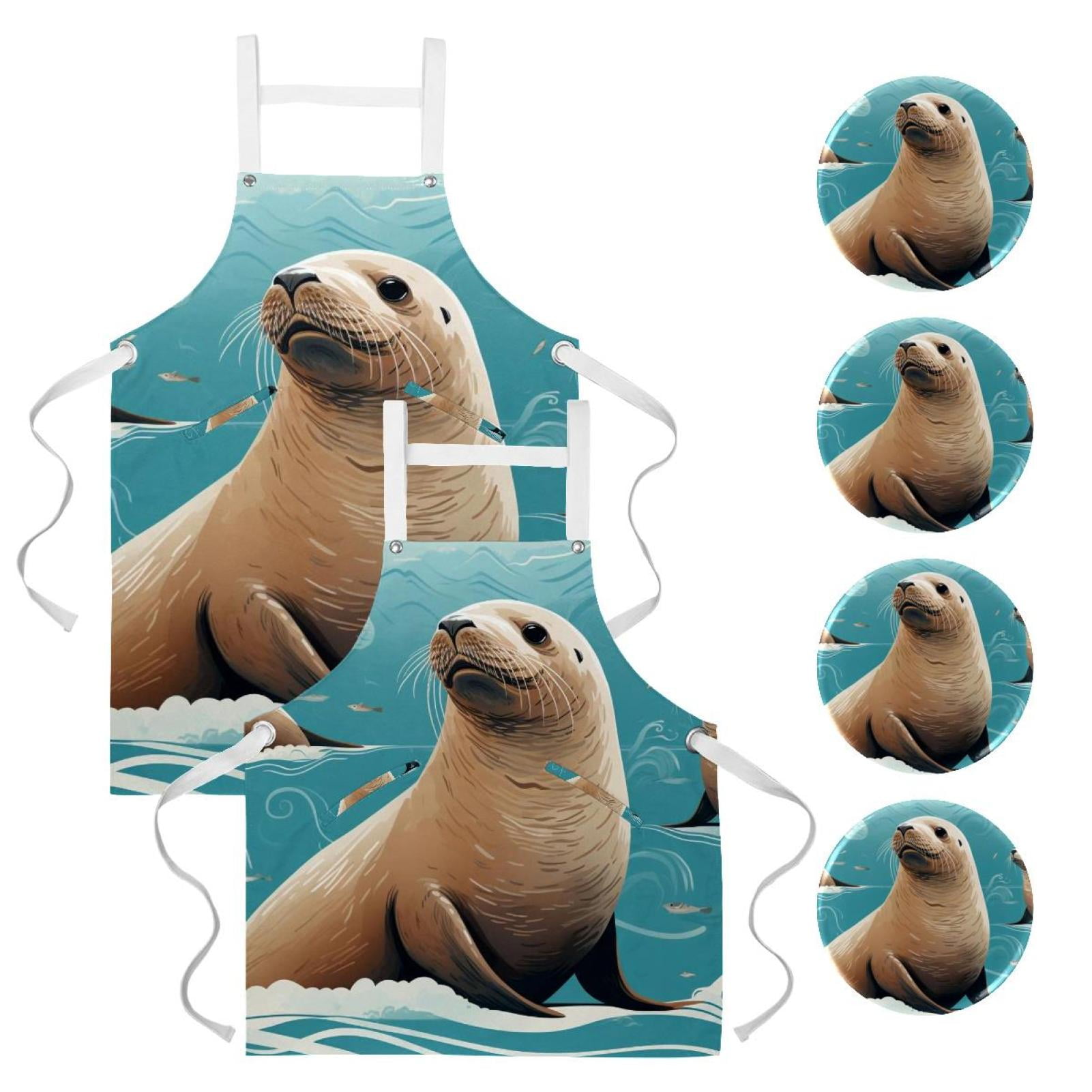 Sea Lion 2 Pack Waterproof Apron with Pockets and Badge Button, Round ...