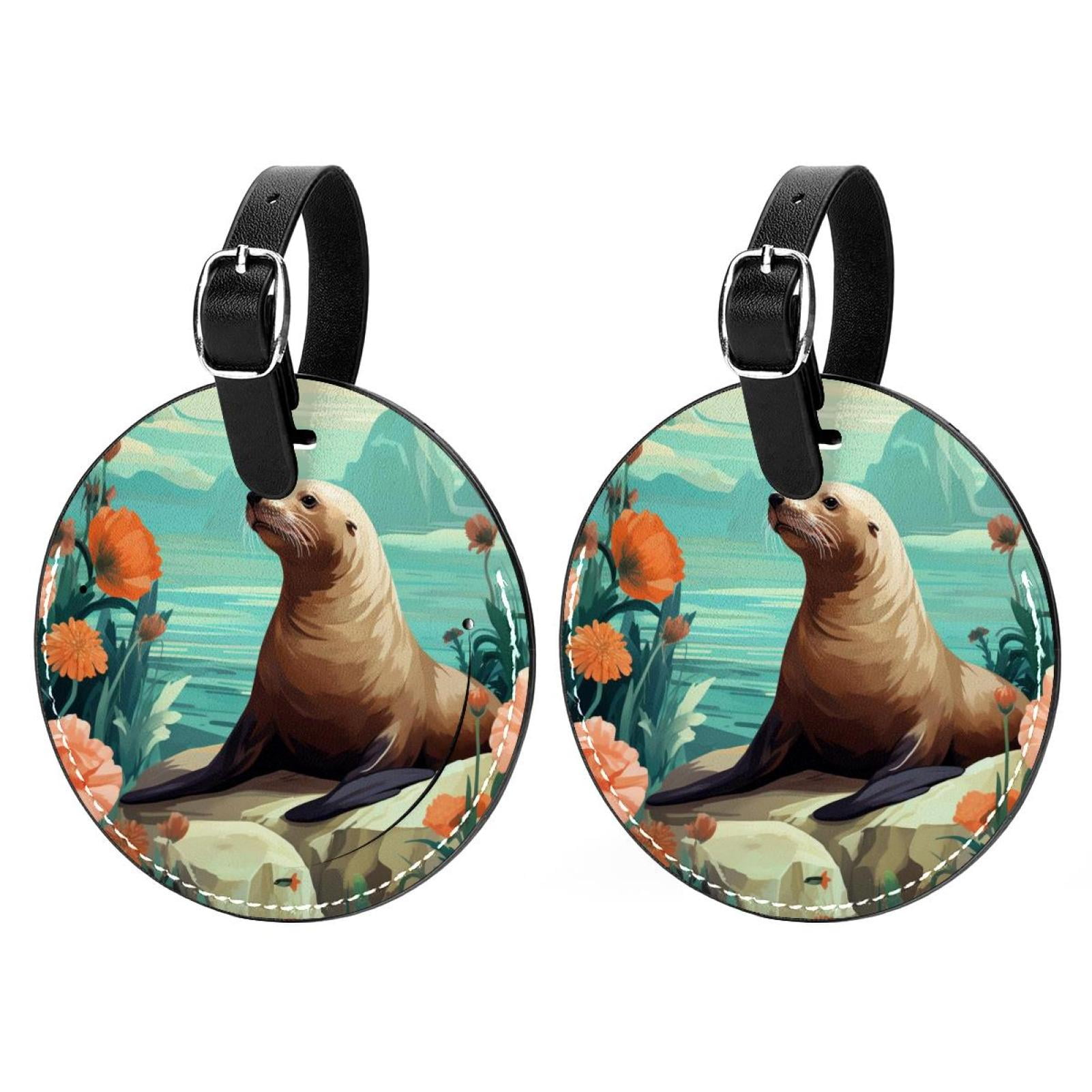 Sea Lion 2pcs PU Leather Round Bag Tags with Privacy Cover and Name ID ...
