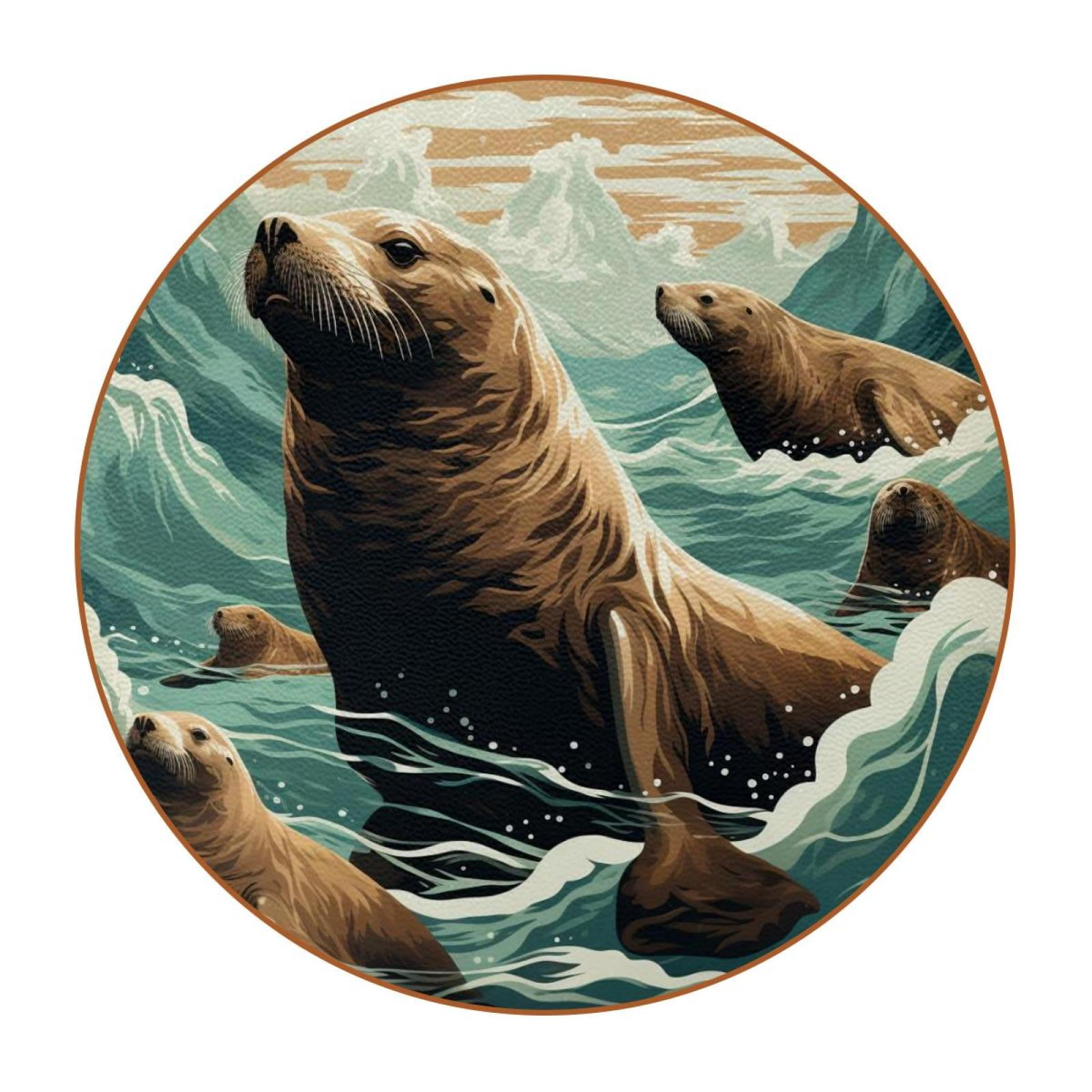 Sea Lion 6PCS Round Microfiber Leather Coasters 11x11 cm/4.3x4.3 in ...