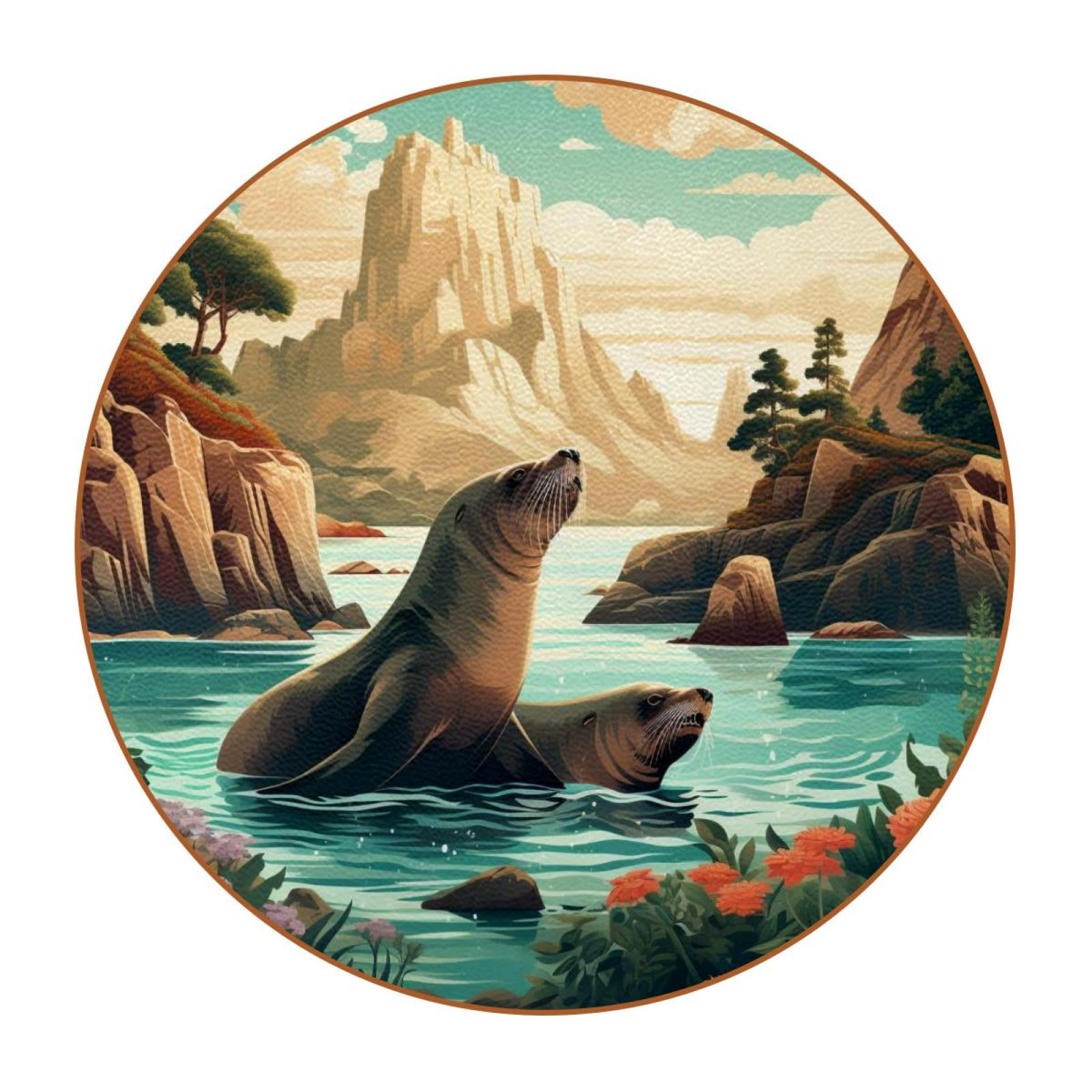 Sea Lion 6Pcs Round Microfiber Leather Table Coasters, 11x11 cm/4.3x4.3 ...