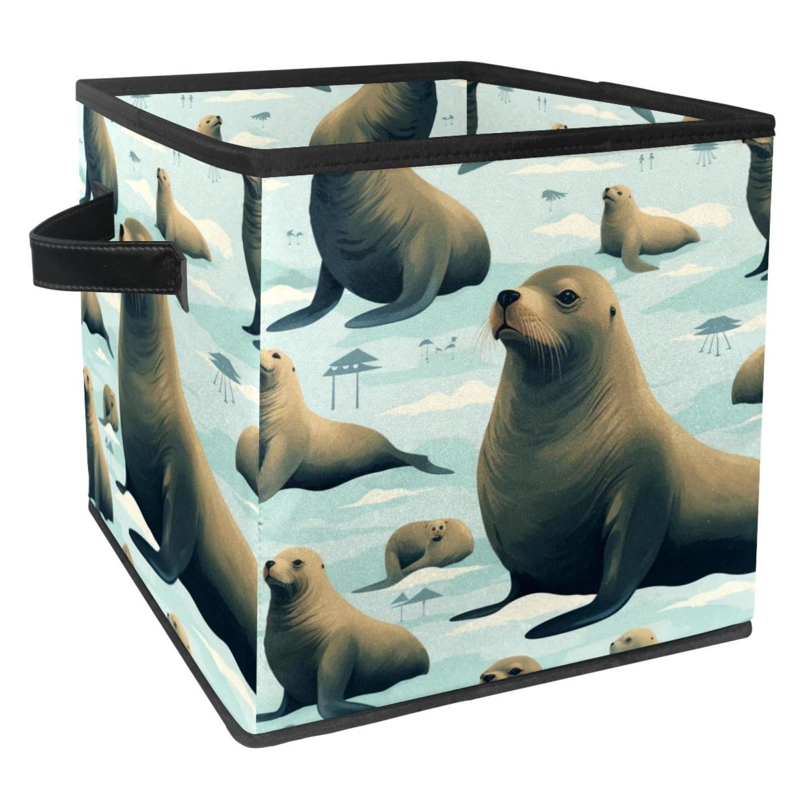 Sea Lion Foldable Storage Basket with Handle, 10.8"x10.5"x10.6" Large ...