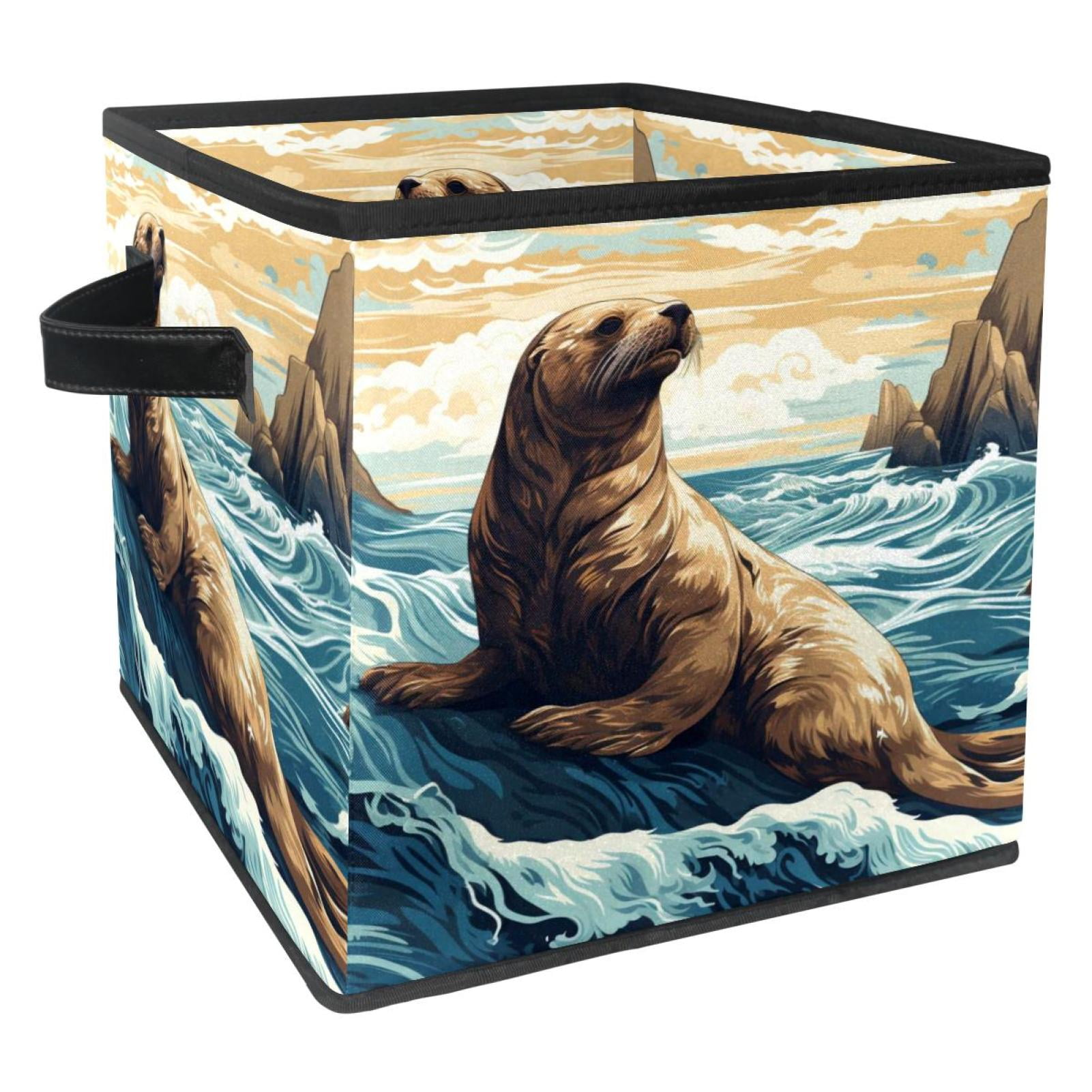 Sea Lion Foldable Storage Basket with Handle, 10.8"x10.5"x10.6", Large ...