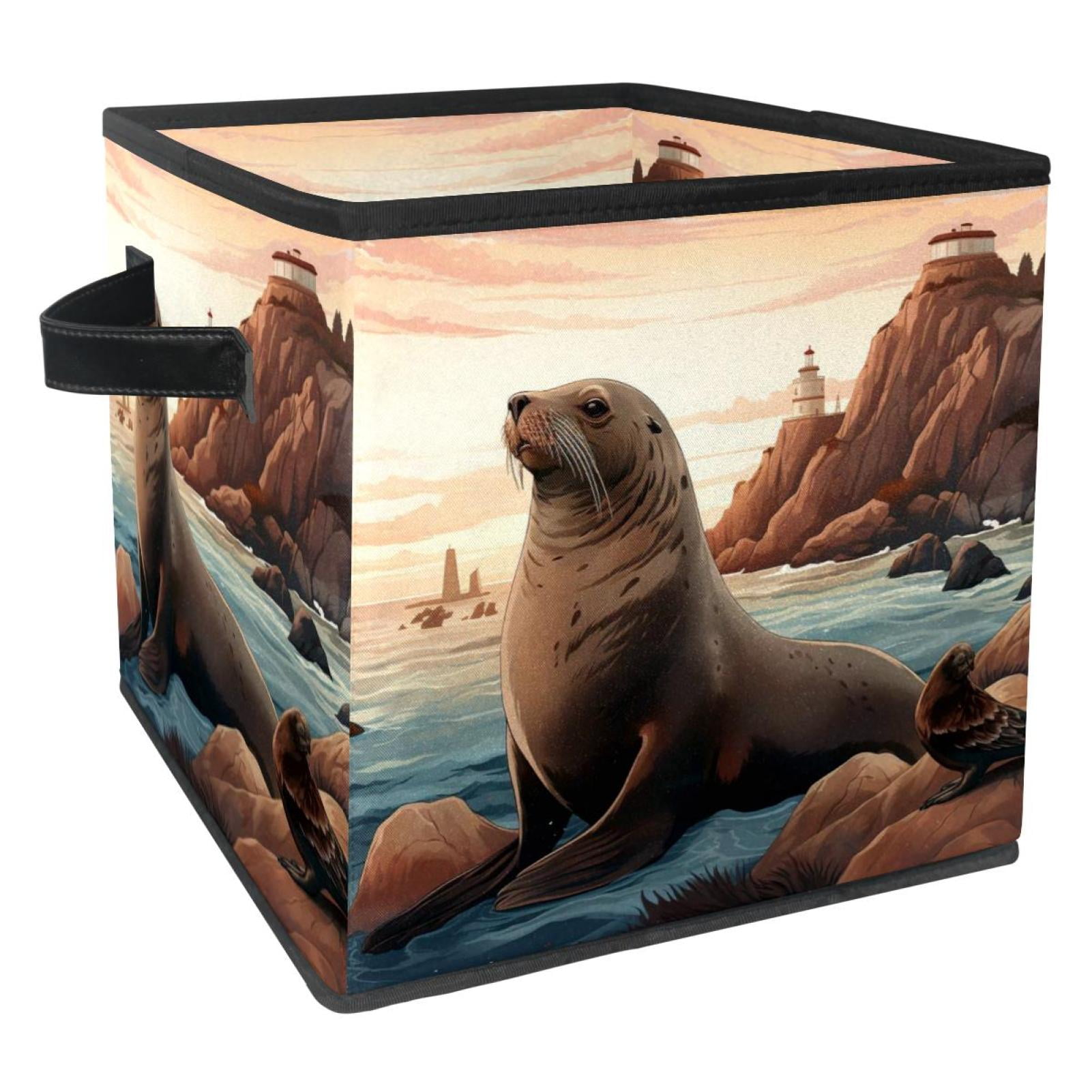 Sea Lion Foldable Toy Box Cube Organizer with Handle, 10.8"x10.5"x10.6 ...