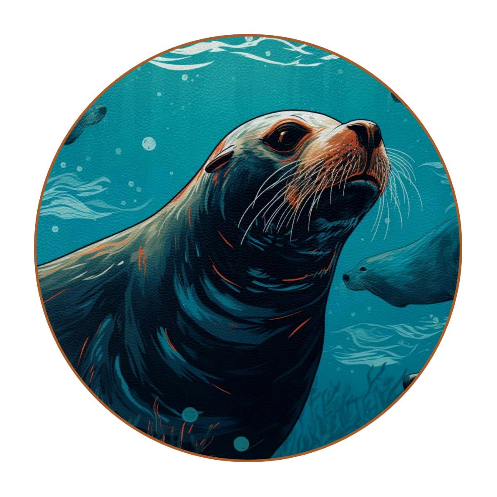 Sea Lion Luxury Microfiber Leather Round Coasters Set of 6 - 11x11 cm/4 ...