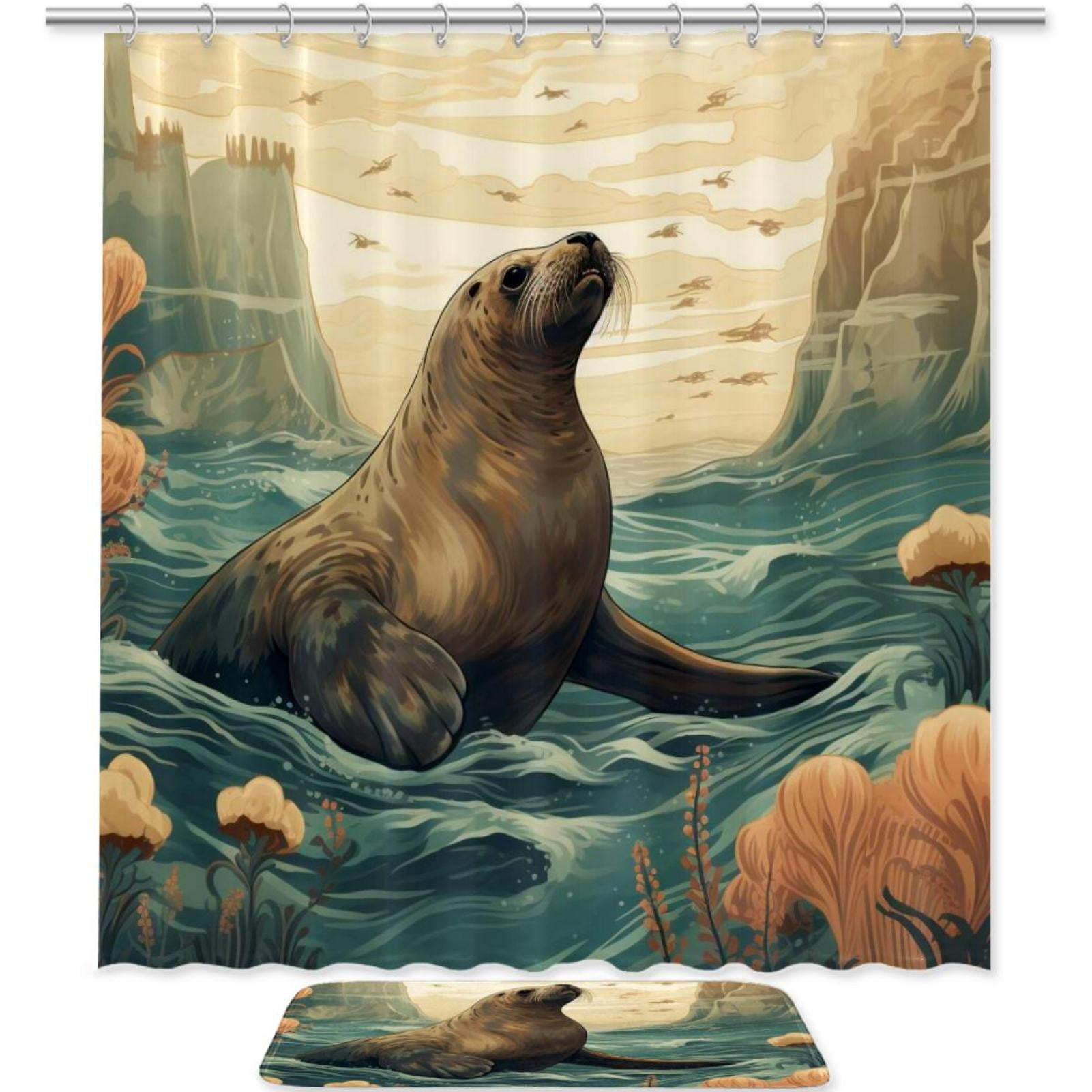 Sea Lion Pongee Shower Curtain Set with Polyester Floor Mat, 180x180cm ...