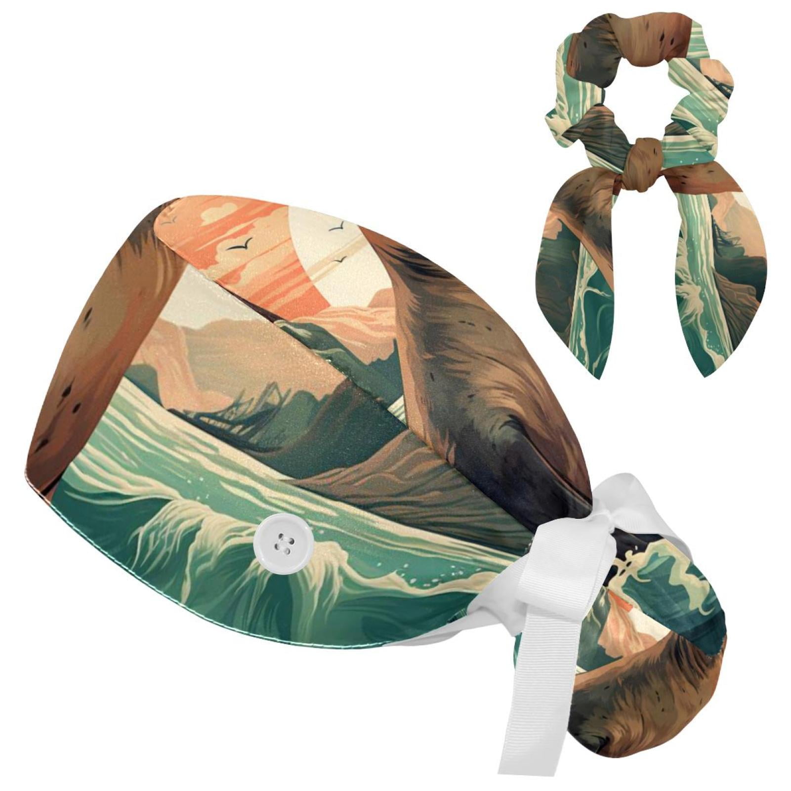 Sea Lion Scrub Cap with Scrunchy and Buttons for Long Hair, Adjustable ...