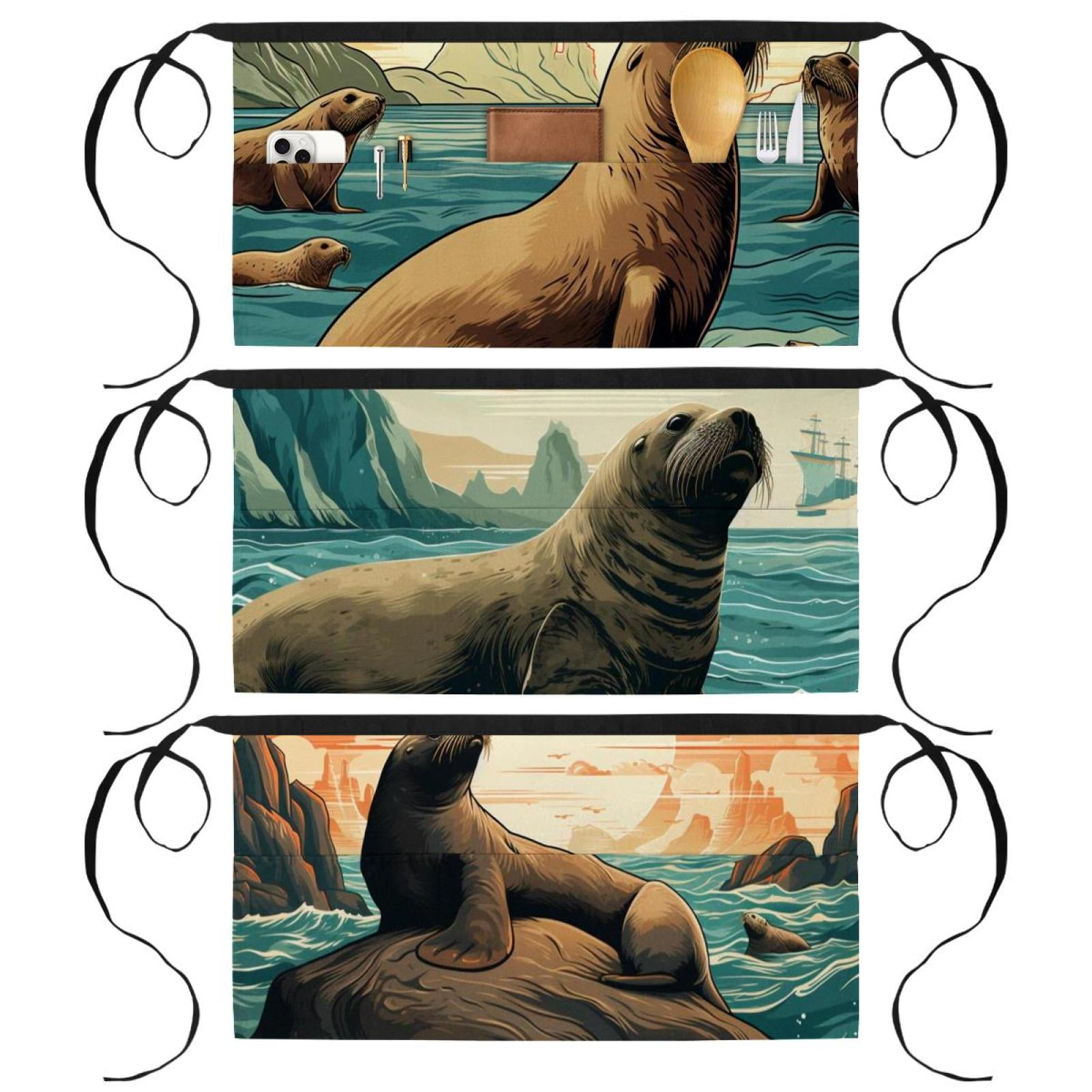 Sea Lion Server Aprons 3 Pack Waitress Aprons Adjustable Belt Fits for ...