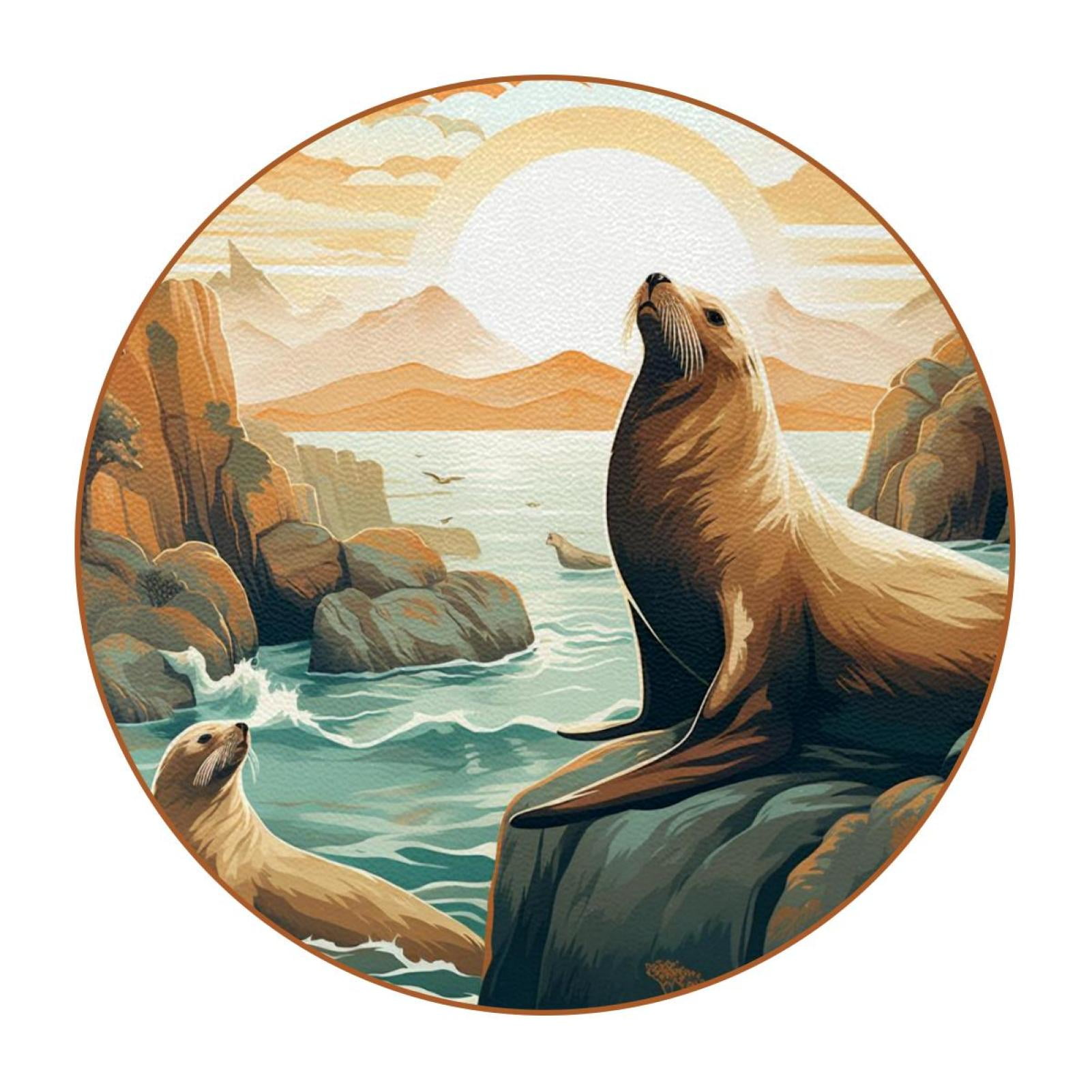 Sea Lion Set of 6 Cute Round Coasters, Microfiber Leather Drink ...