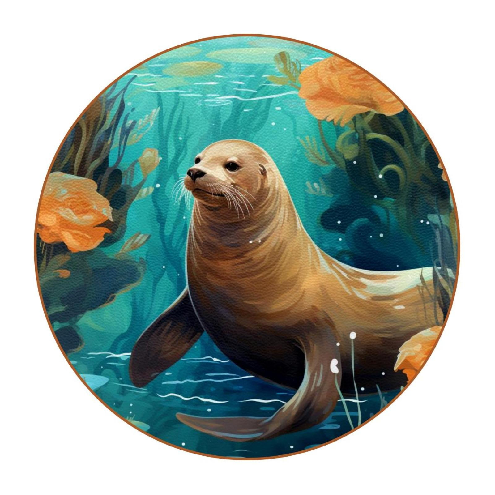 Sea Lion Set of 6 Microfiber Leather Round Coasters, 11x11 cm/4.3x4.3 ...