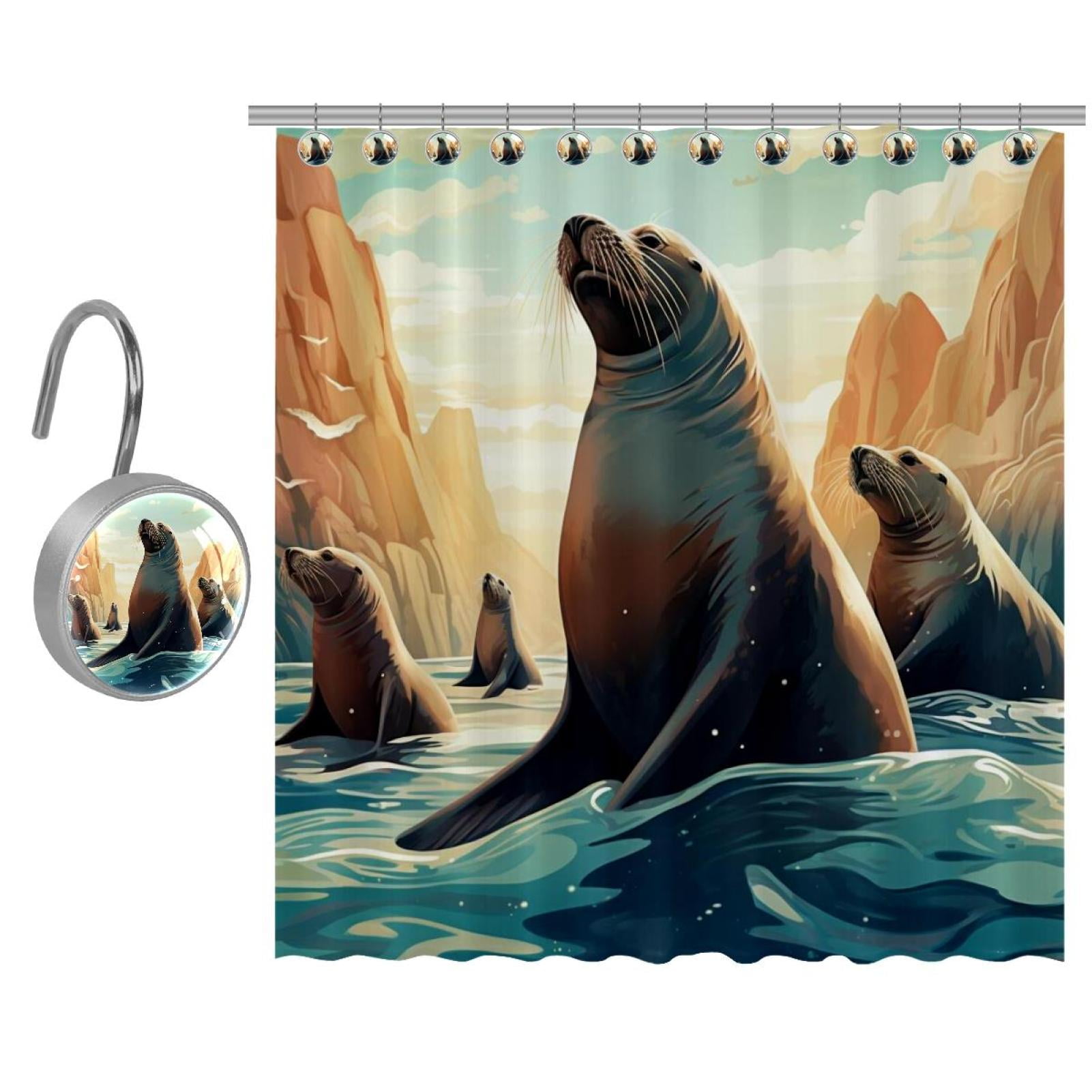 Sea Lion Shower Curtain, Cloth Fabric Bathroom Decor Set with Hooks ...