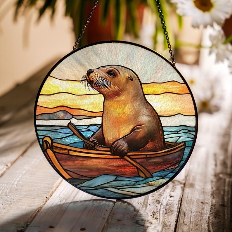 Sea Lion Stained Glass Suncatcher, Ocean Animal Window Hanging, Marine ...